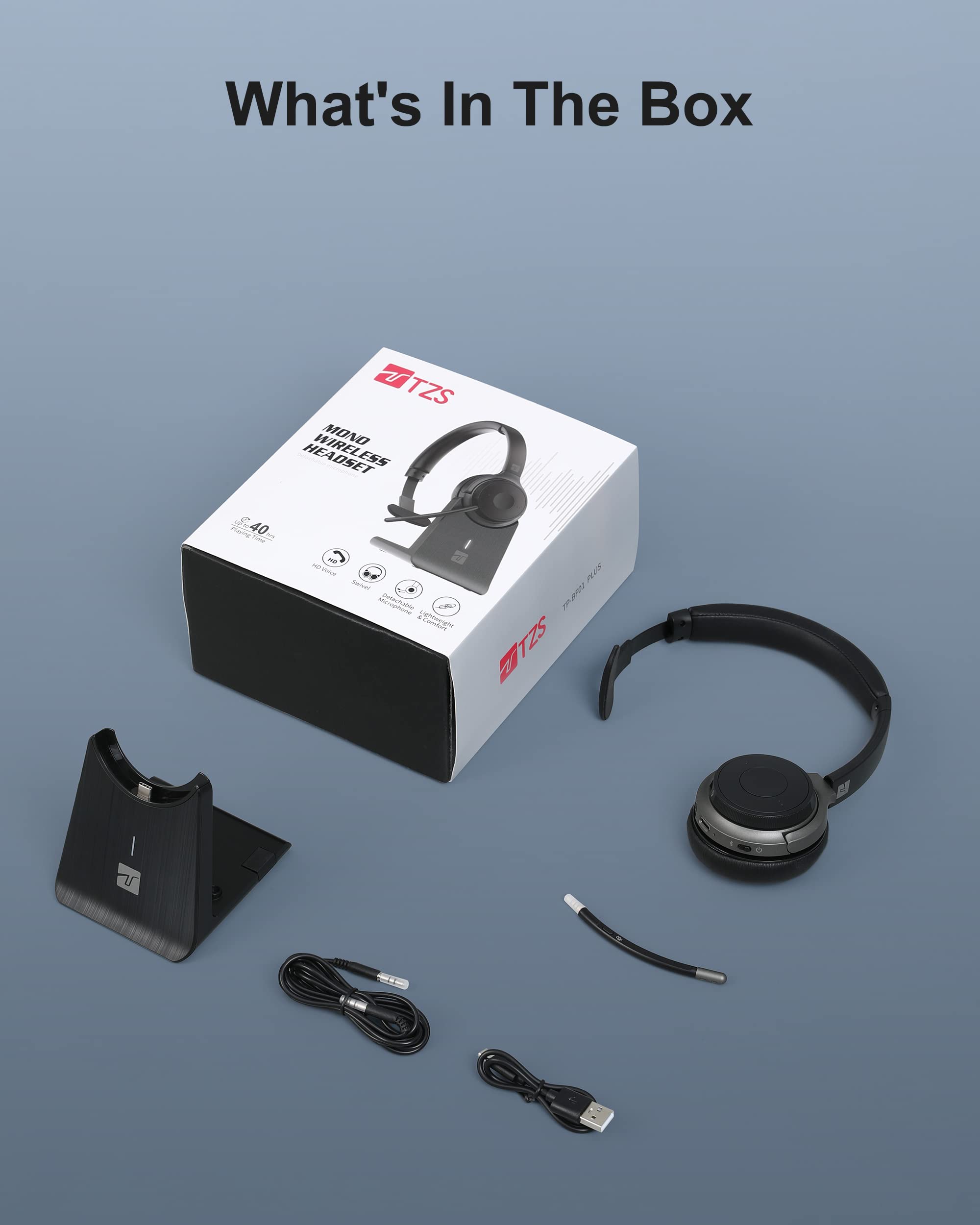 TZS Trucker Bluetooth Headset, Wireless Headset with ENC Noise Cancelling Mute Button Mic Charging Base, V5.0 Handfree Bluetooth Headphone for Driving/Business/Office