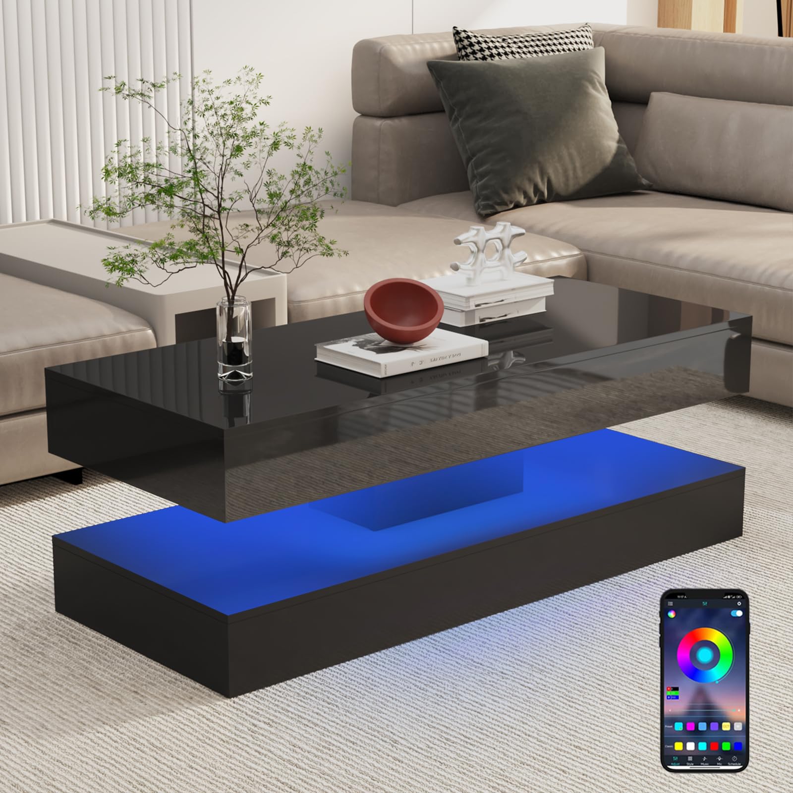 Uspeedy 47.3IN High Glossy LED Coffee Table,APP LED Lights,Black/White, Modern Furniture for Living Room (White)
