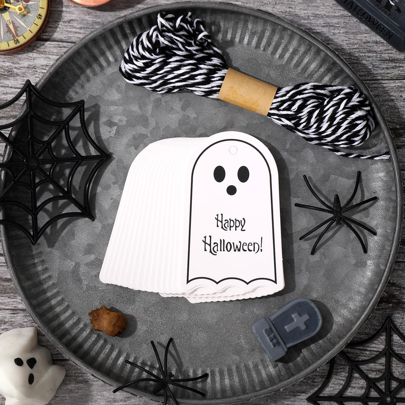 Whaline 100Pcs Happy Halloween Paper Gift Tags White Ghost Hanging Name Tags with Hemp Rope Spooky Label Tags for Trick or Treat Party Favor Decoration Supplies