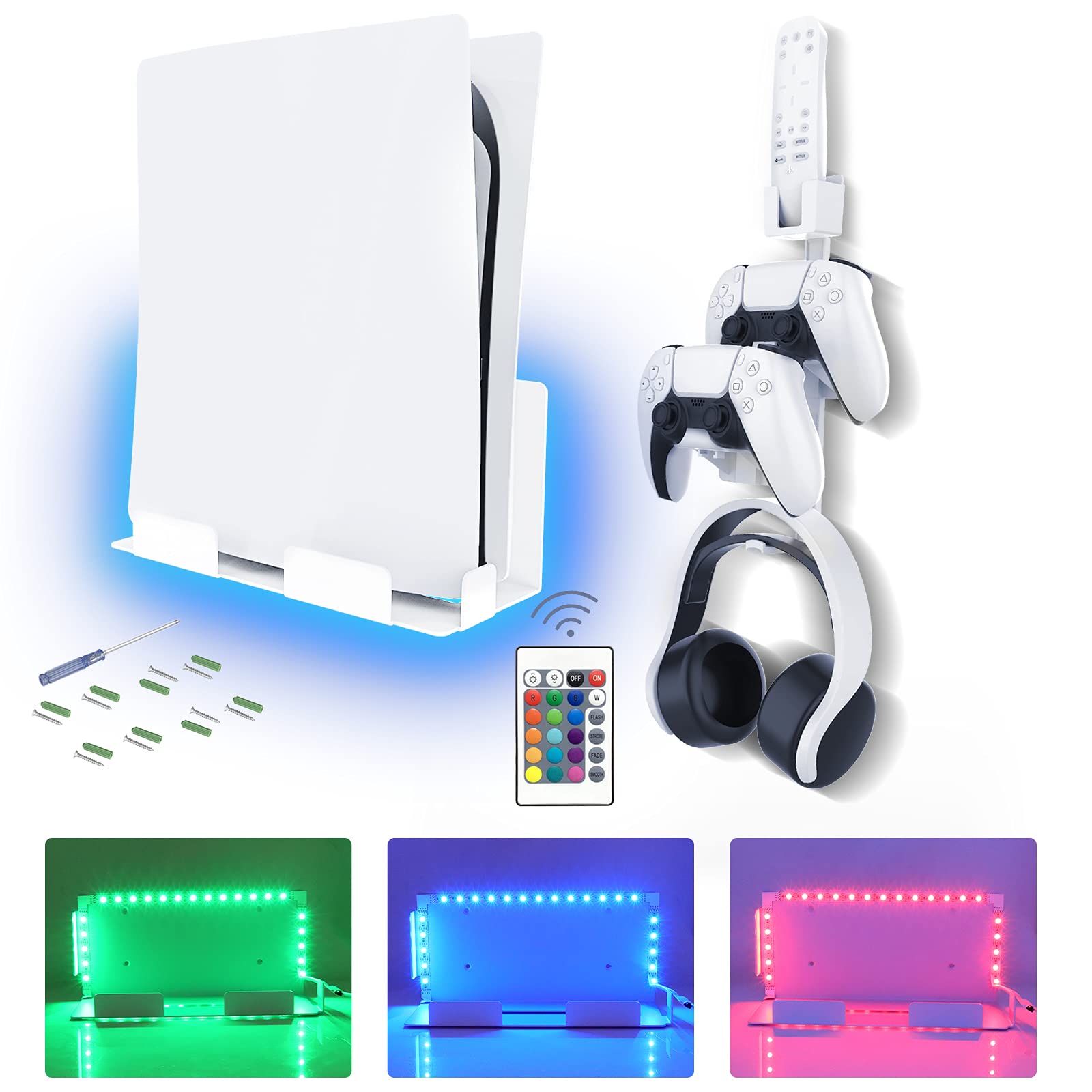 NexiGo PS5 Wall Mount Set with RGB LED Light - Wall Bracket for 5 Console (Disc & Digital), Controllers, Headphone and Media Remote - Wall Hanger for PS5 Console, PS5 Accessories
