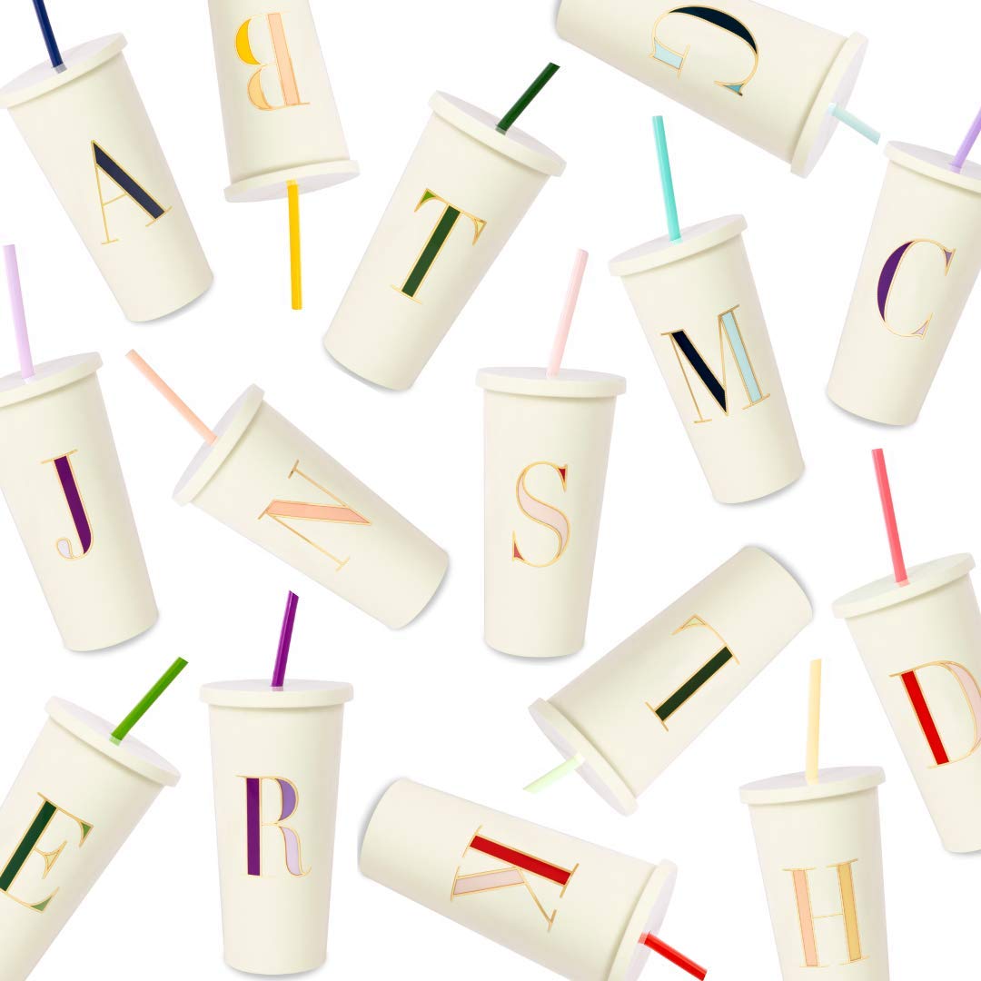 Kate Spade New York Insulated Initial Tumbler with Reusable Straw, 20 Ounce Acrylic Travel Cup with Lid, M (Blue)