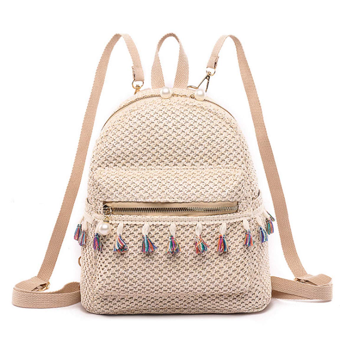 Meyaus Women Small Tassels Pearl Zipper Straw Woven Backpack Daypack Convertible Cross-body Shoulder Bag