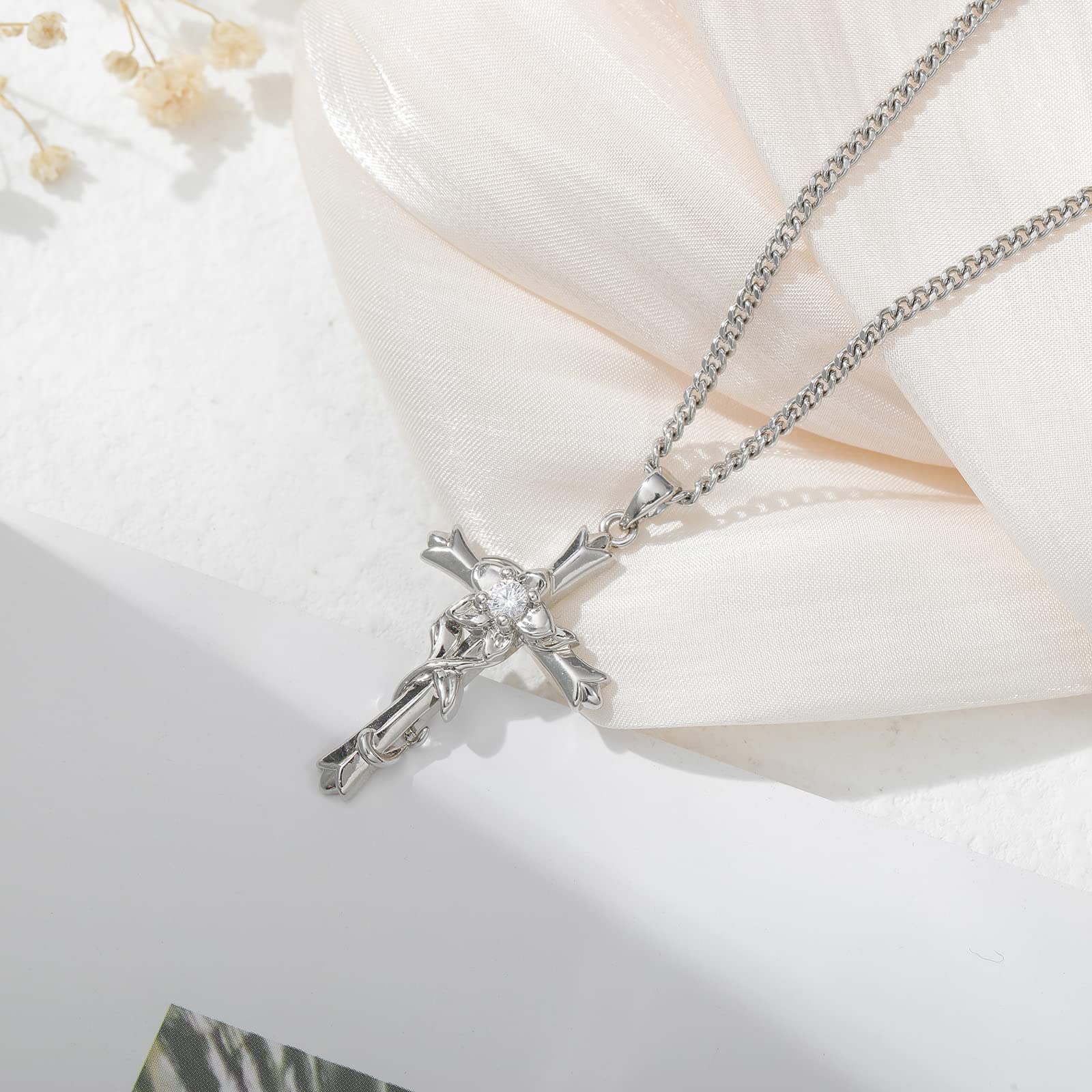 Lourny Silver Cross Necklace for Women, Cross Pendant Necklace with Cubic Zirconia for Mother Dainty Gift (Daffodils)