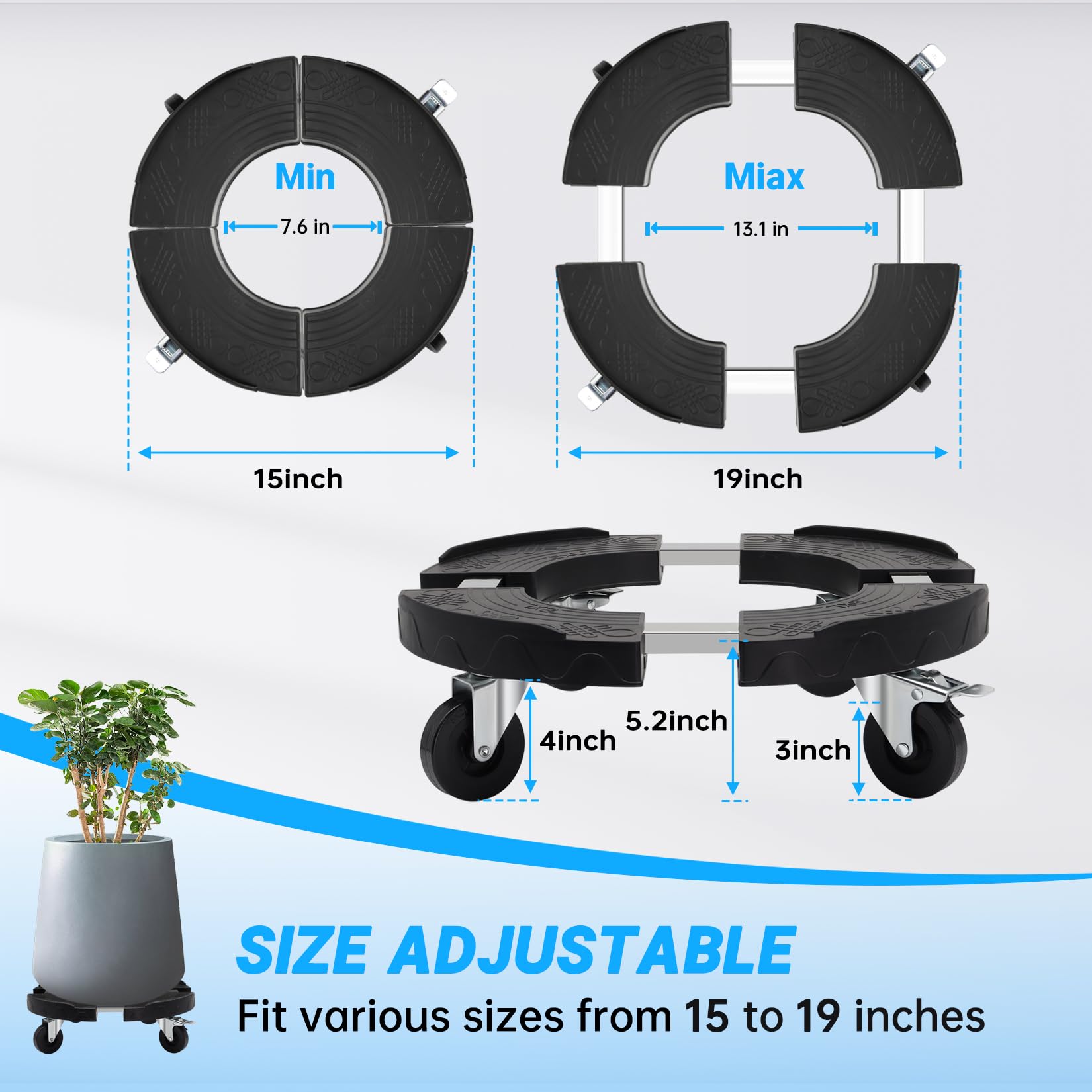 W B D WEIBIDA Upgraded Trash Can Dolly Adjustable 15-19 Inch Round Dolly with 3β Wheels Heavy Duty Trash Can Roller Base Large Barrel Dolly Multi Functional Drum Dolly Bucket Dolly