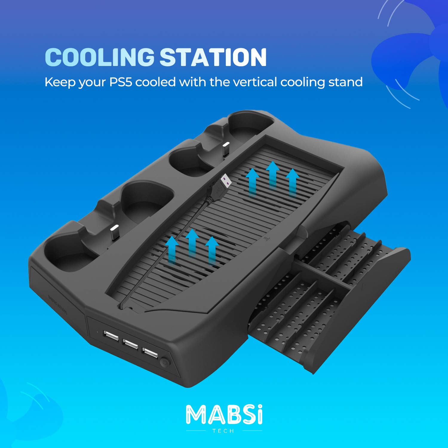Mabsi Tech PS5 Cooling Station, Stand Fan for Playstation 5, Vertical Cooling Fan Station PS5 and Charger Dock Station and 14 Game Slots