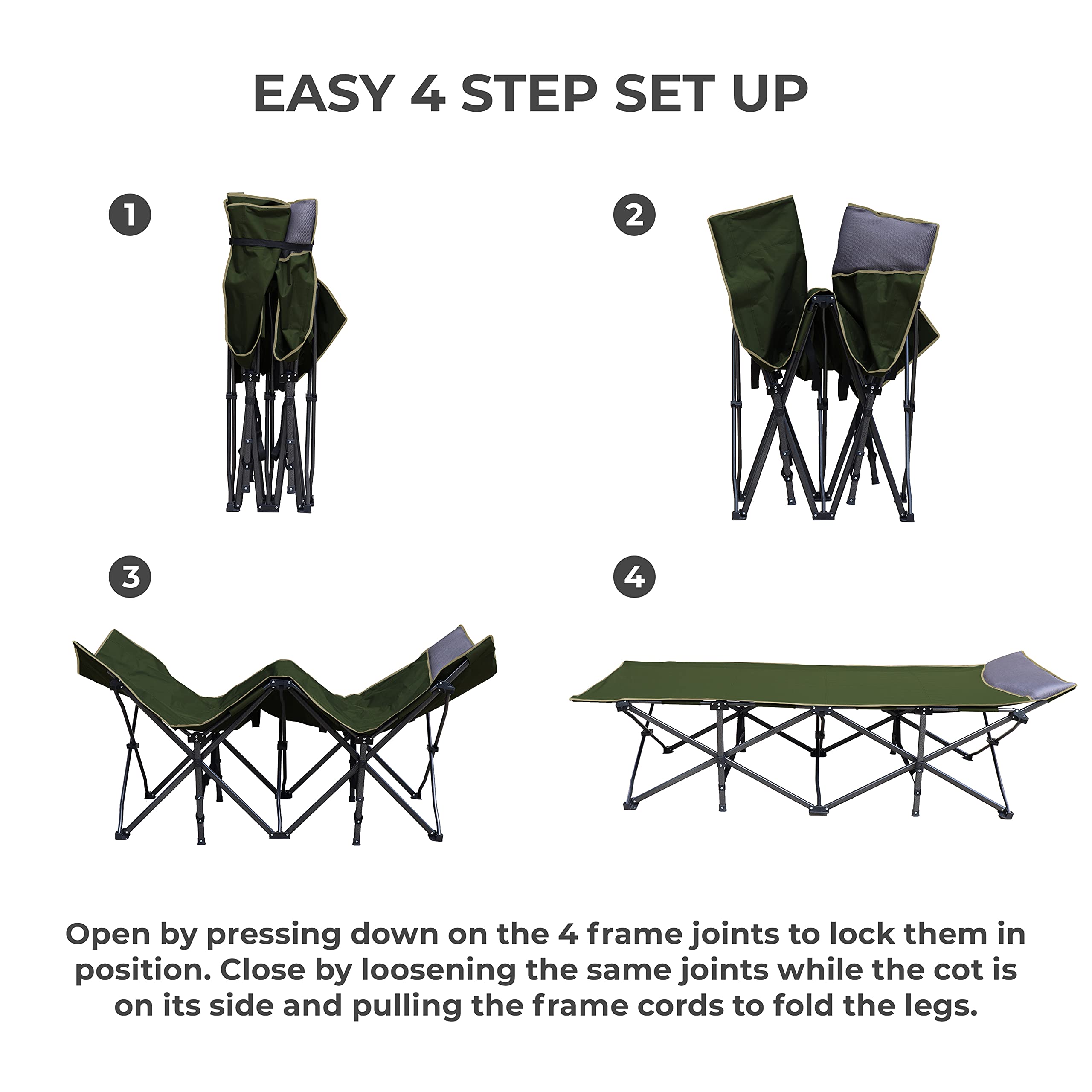 OSAGE RIVER XL Folding Camping Cot with Pocket and Built-in Pillow, Supports up to 440 lbs, Portable Sleeping Bed for Backpacking, Travel, or Camping, Green and Tan