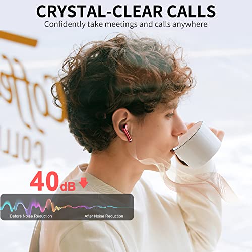 Wireless Earbuds Bluetooth, Headphones Bluetooth 5.3 with HiFi Stereo Deep Bass, Ear Buds Noise Cancelling with ENC Mic, LED Display, 40H Playtime Earphones for Computer Laptop Pad Phone, Dark Red