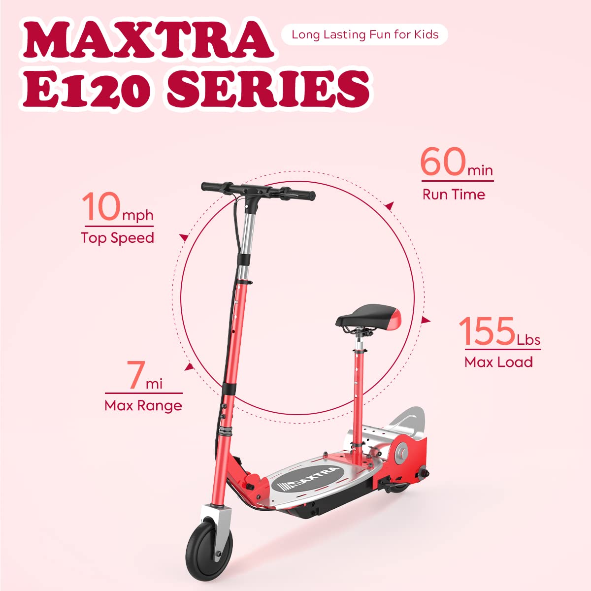 MAXTRA E120 Electric Scooter with Removable Seat, 60 Mins Long Battery Life & up to 10mph, Adjustable Height for Kids Ages 6-12