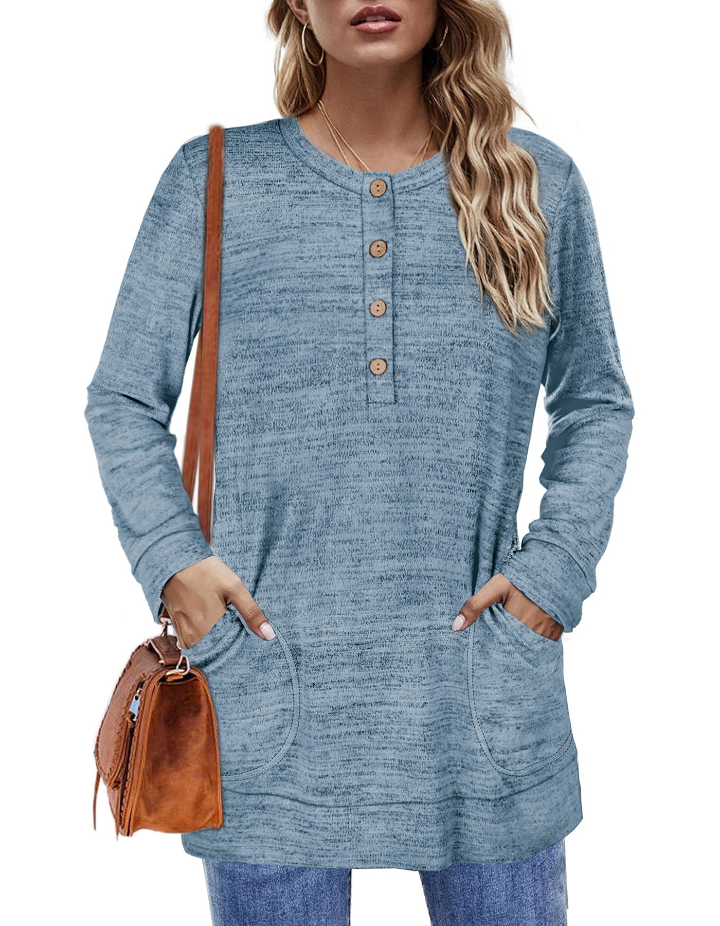 NIASHOT Womens Sweatshirt Long Sleeve Deep Pockets Fall Cozy Tunic Tops Blue XL