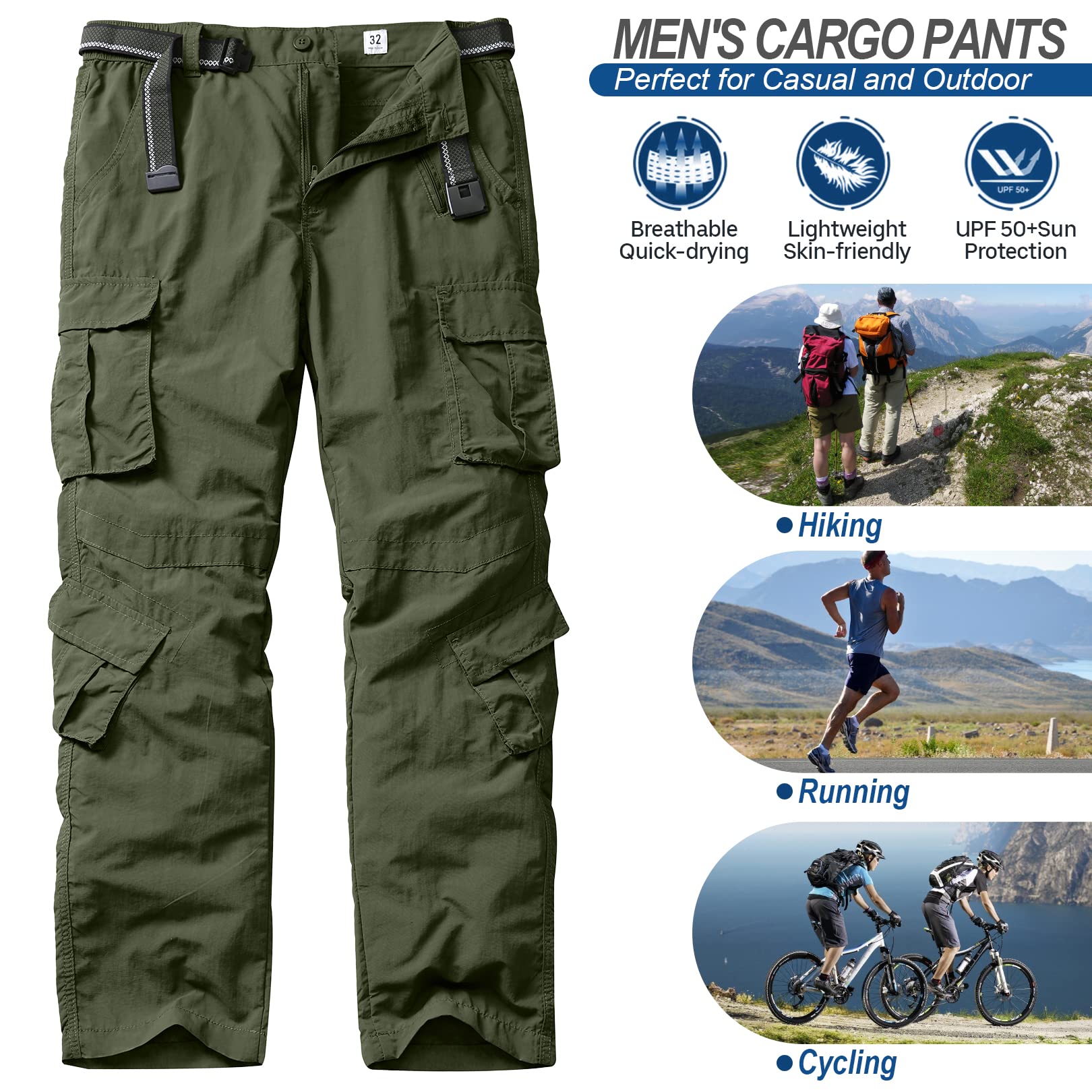 linlon Men's Outdoor Casual Quick Drying Lightweight Hiking Cargo Pants with 8 Pockets,Army Green,38