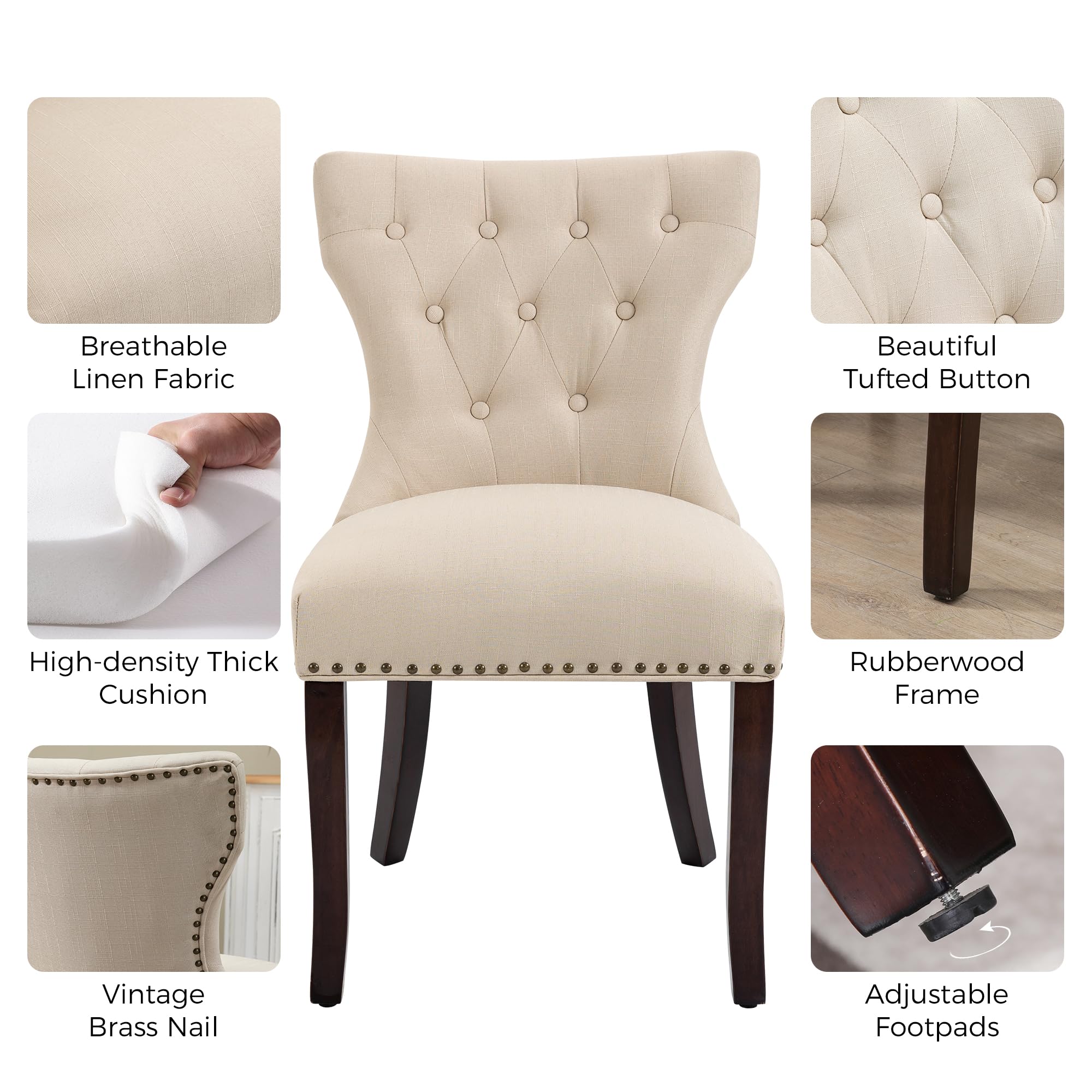 LSSBOUGHT Set of 2 Fabric Dining Chairs Leisure Padded Accent Chairs with Brown Solid Wooden Legs Nailed Trim 300 LBS Weight Capacity, Tan