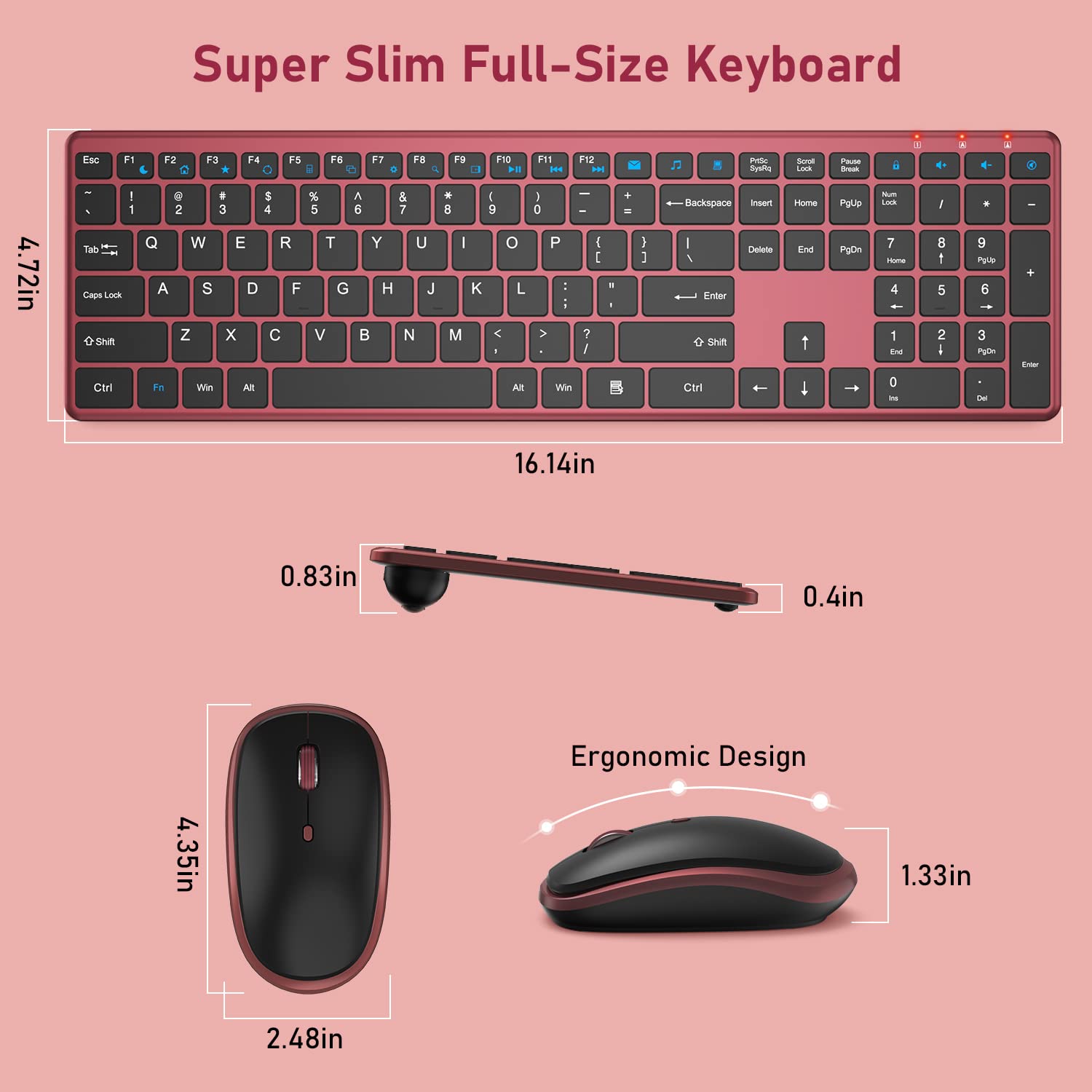 Wireless Keyboard and Mouse, Super Slim Keyboard with Responsive Keys, Silent Mouse and 2.4GHz USB Receiver, Battery Powered Full Size Cordless Combo for Mac, Computer, PC, Chromebook (Wine Red)