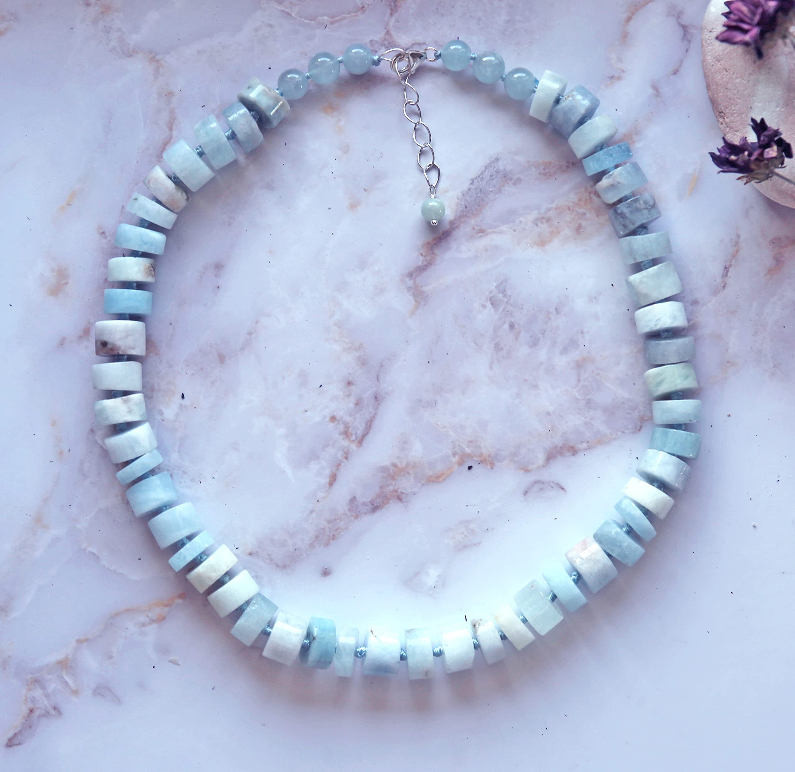 MGR MY GEMS ROCK! Beaded Button-Shape Aquamarine Statement Necklace. Non-Treated Aquamarine Stone Necklace. Collar Necklace, 18-19.50β Long.