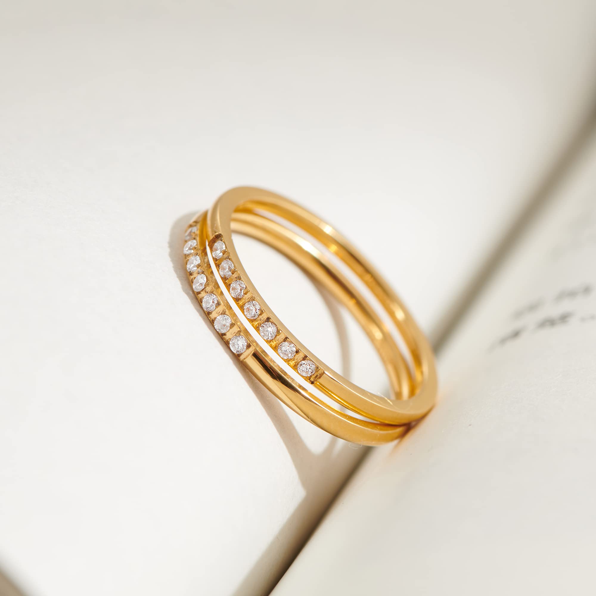 NOKMIT 1.5mm 2Pcs 14K Gold Half Eternity Ring for Women Thin Cubic Zirconia Stacking Engagement Bands Comfort Fit Size 5-10 (Gold-7CZ, 10)