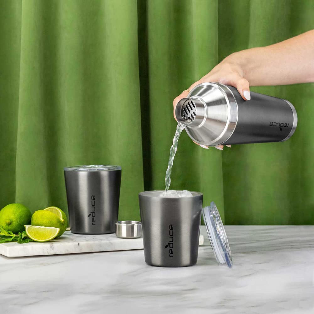 REDUCE Cocktail 3-Piece Shaker Set with 10-oz. Lowball Tumblers (Charcoal)