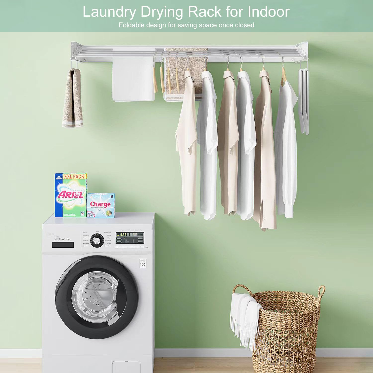 Wall Mounted Drying Rack, Laundry Drying Rack Collapsible, Clothes Drying Rack, Towel Drying Rack for Indoor & Outdoor with Wall Template & 5 Rods, 60 lb Capacity, 31.5β Wide, 13.5 Linear Ft, White