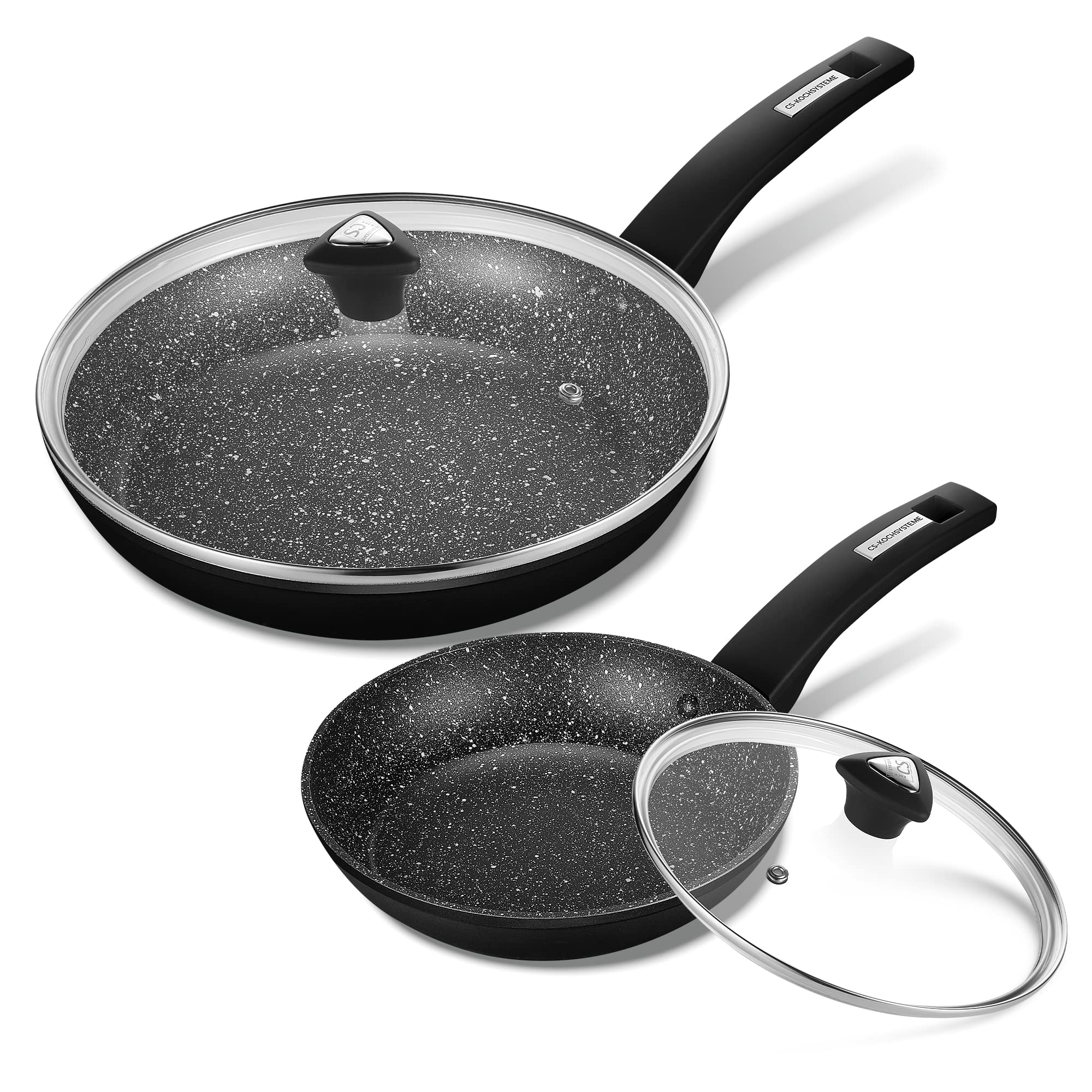 KOCH SYSTEME CS 8''+11'' Nonstick Aluminum Frying Pan Set with Lids, Non-toxic Granite Stone Coating, Easy Cleanup, All Stoves Available, Ideal for Cooking