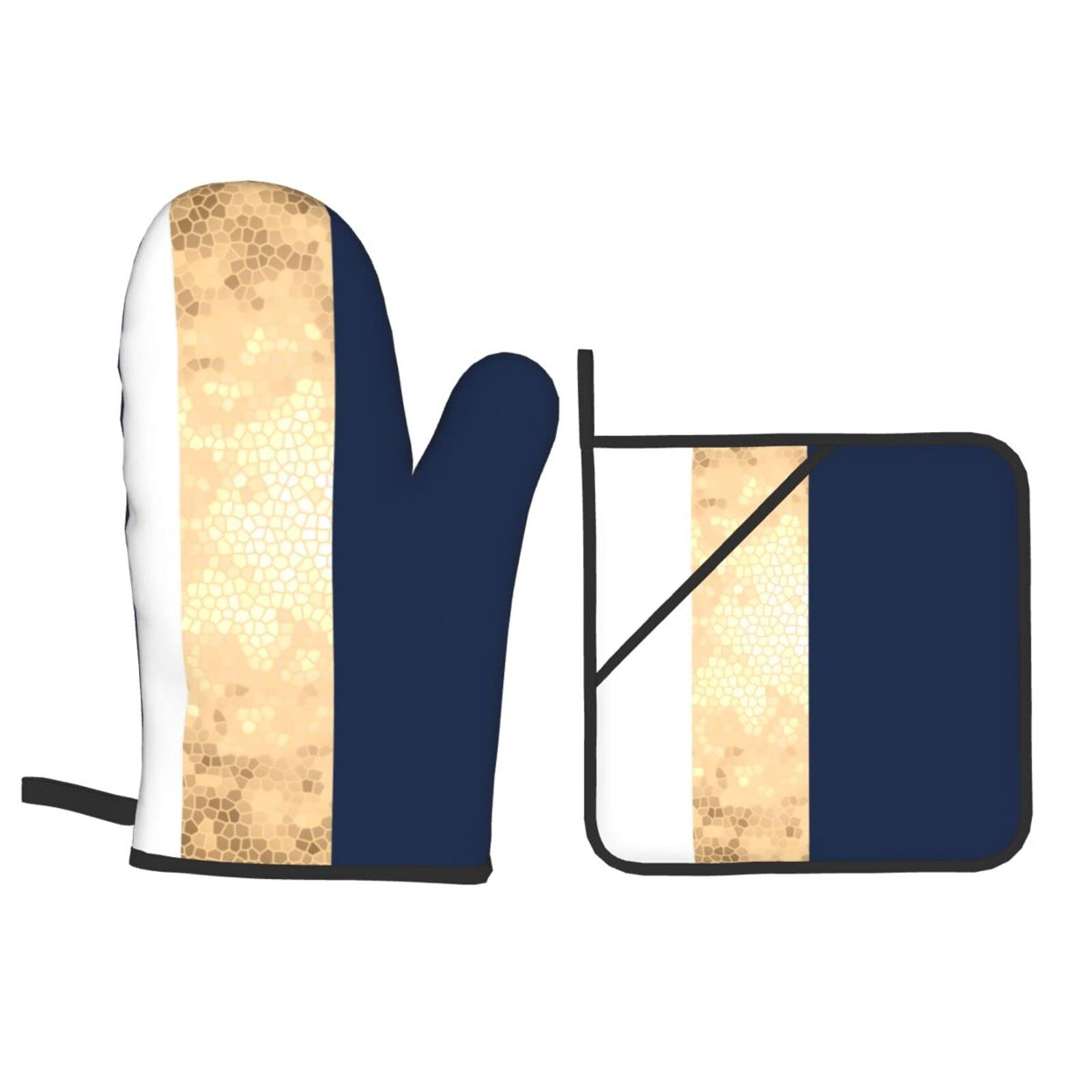 MUKJHOI Oven Mitts Pot Holders Set of 4 Heat Resistant Kitchen Waterproof Elegant Faux Gold Navy Blue White Stripes Women Men Home Cooking Baking Microwave BBQ Gift