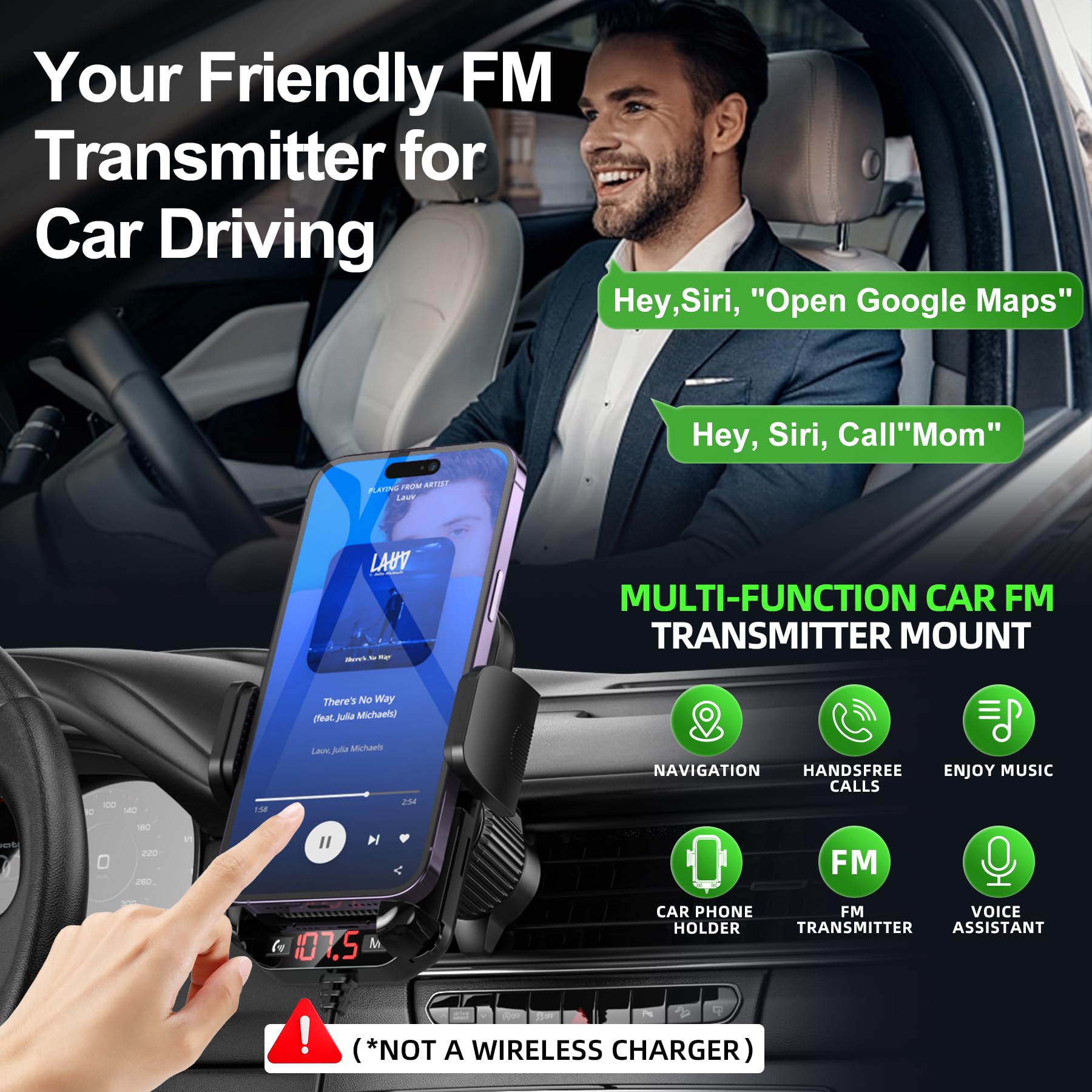 Majiphi Bluetooth Car Adapter,[Your Friendly FM Bluetooth Transmitter for Car Driving],Quickly Controlled with Car's A/C Vent Phone Mount,5.3 FM/AUX for Hands-Free Calling and Enjoy Music (Dark Grey)
