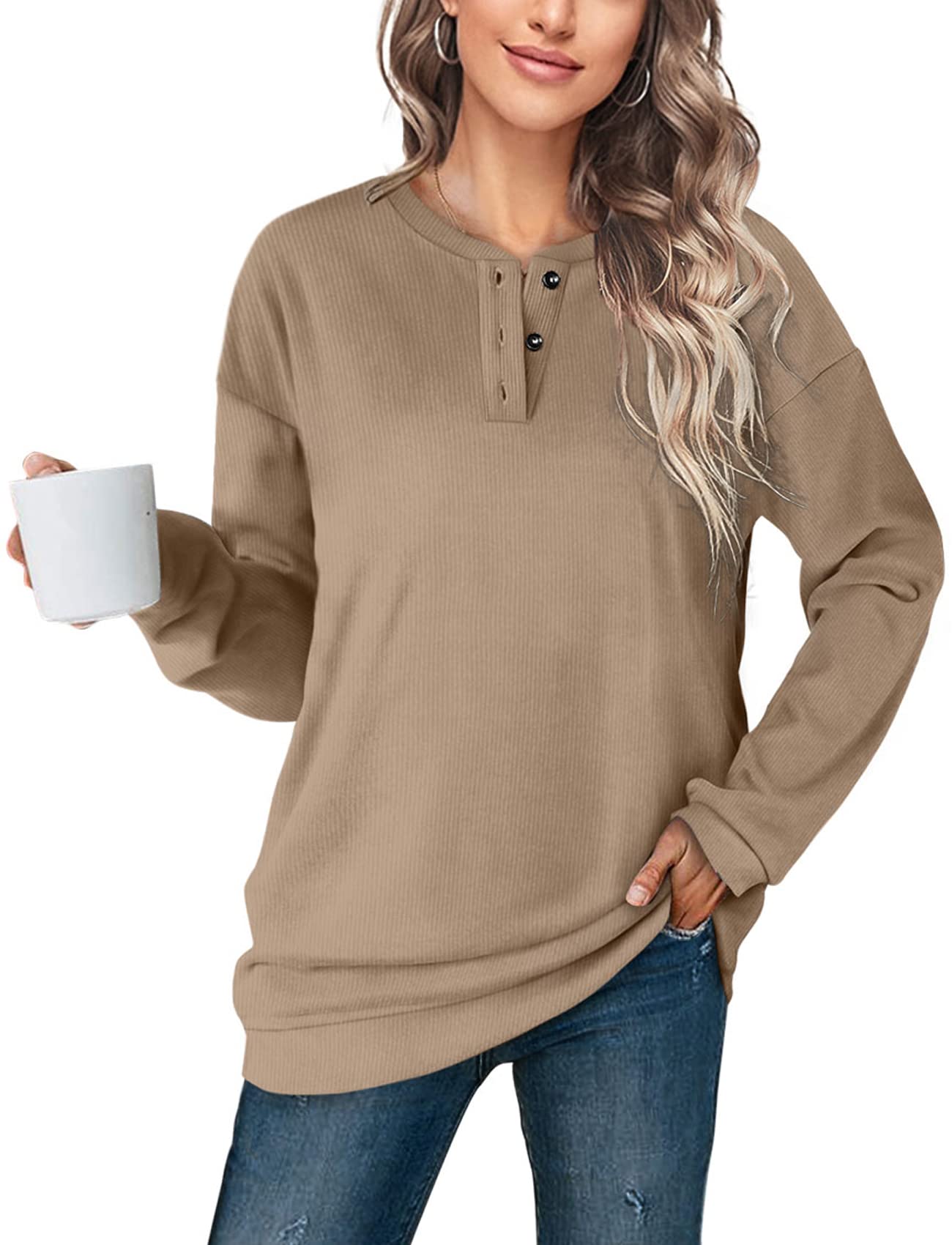 Long Sweaters for Women Cozy Sweaters for Women Henley Tops Soft Khaki L