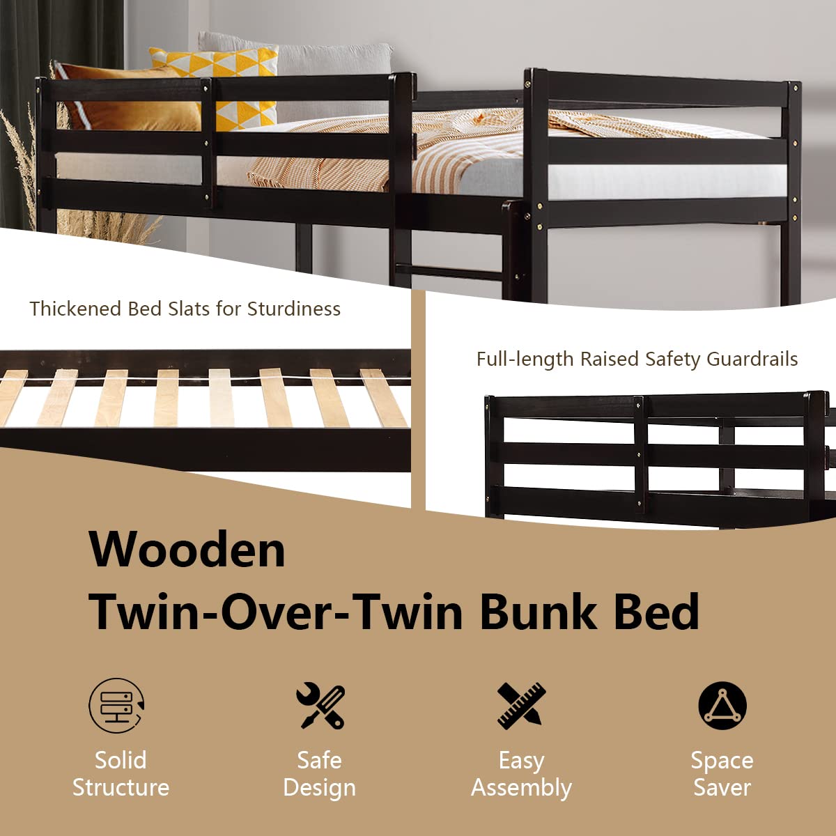 KOTEK Twin Bunk Bed, Solid Wood Twin Over Twin Bunk Bed Frame for Kids Teens, Children Bunk Beds with Ladder & High Guardrails (White)