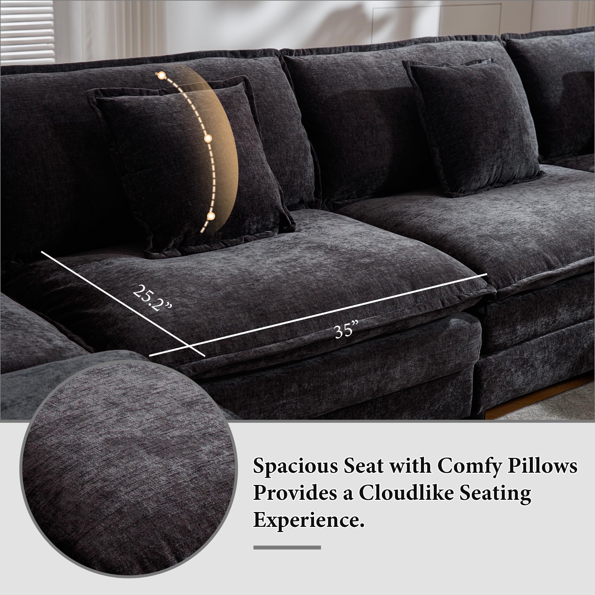 Tmsan 146.5" Oversized U Shaped Sectional Sofa with Double Cushions & Movable Ottoman, Modern 6 Seater Cloud Modular Couch for Living Room, Black Chenille