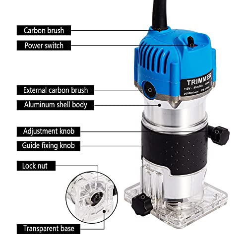 Wood Routers, Wood Trimmer Router Tool, Compact Wood Palm Router, Tool Hand Trimmer, Woodworking Joiner, Cutting Palmming Tool, 30000 RPM 1/4" Collets 800W 110V