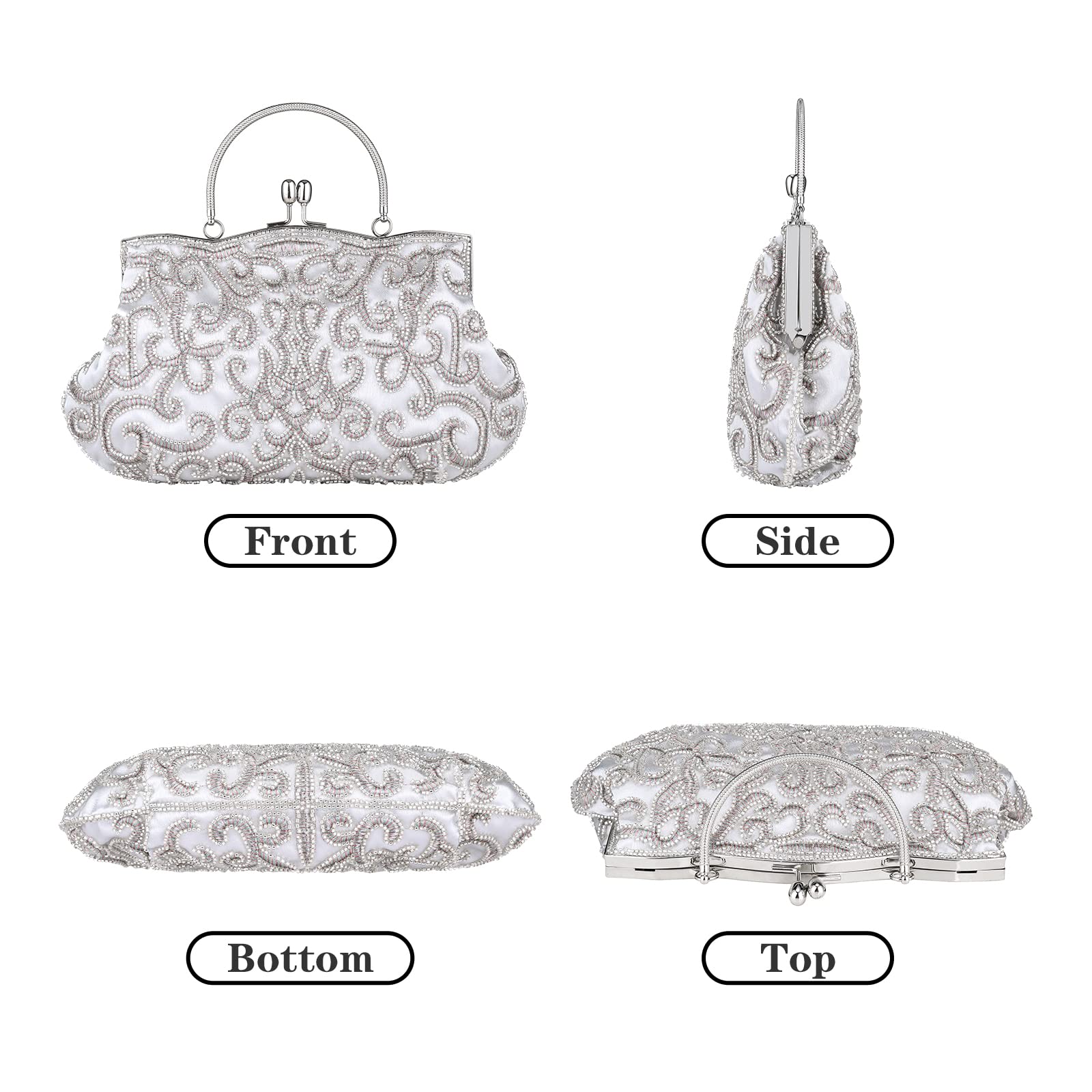 Rkrouco Women's Embroidery Beaded Sequin Evening Clutch 1920s Vintage Handbag Suitable for Wedding Party Purse. (Silver)