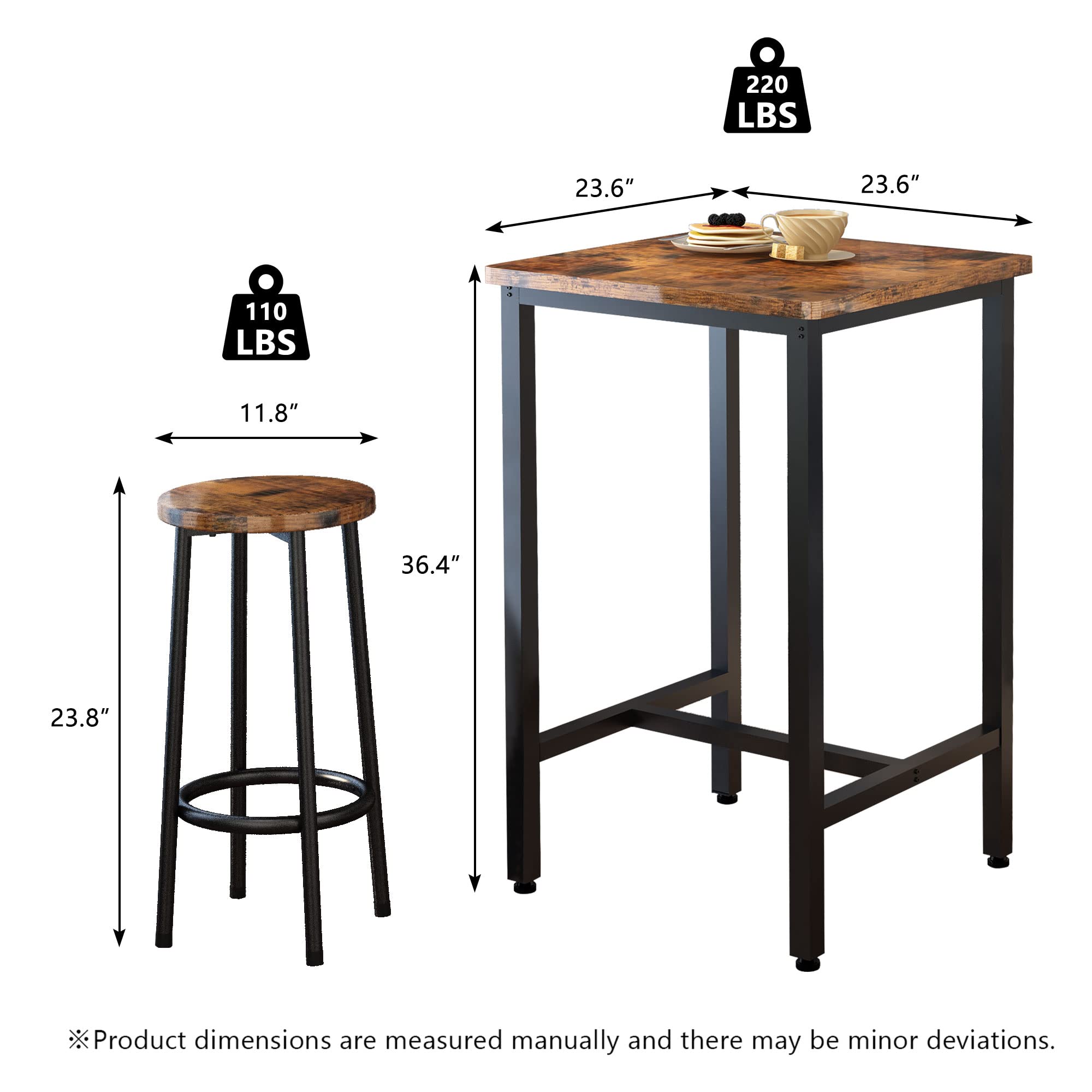 Lamerge Bar Table Set, Square Bar Table Set with Stool, Bistro Table and Chairs Set of 2, Pub Table and Chairs Set for Dining Room, 23.5inch Kitchen Table, Rustic Brown