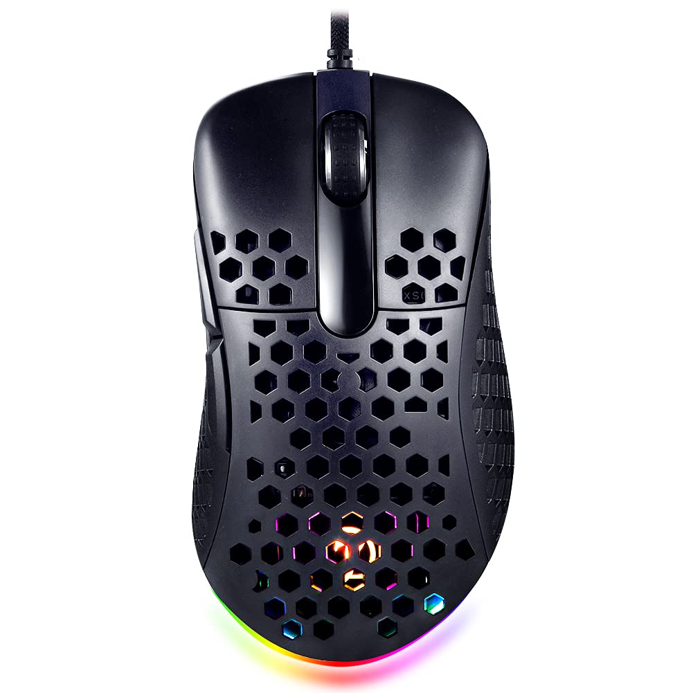 Lightweight Gaming Mouse, Honeycomb Design RGB Backlit Support Custom Buttons Maximum Support 12000DPI (Black)