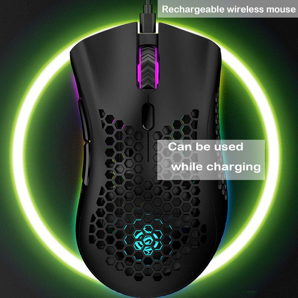 Lightweight Gaming Mouse,Wireless Rechargeable Ultralight Honeycomb Mice with RGB Chroma Backlit, Adjustable DPI,2.4G Wireless Ergonomic Optical Sensor Mouse Compatible for PC Mac Gamer (Black)