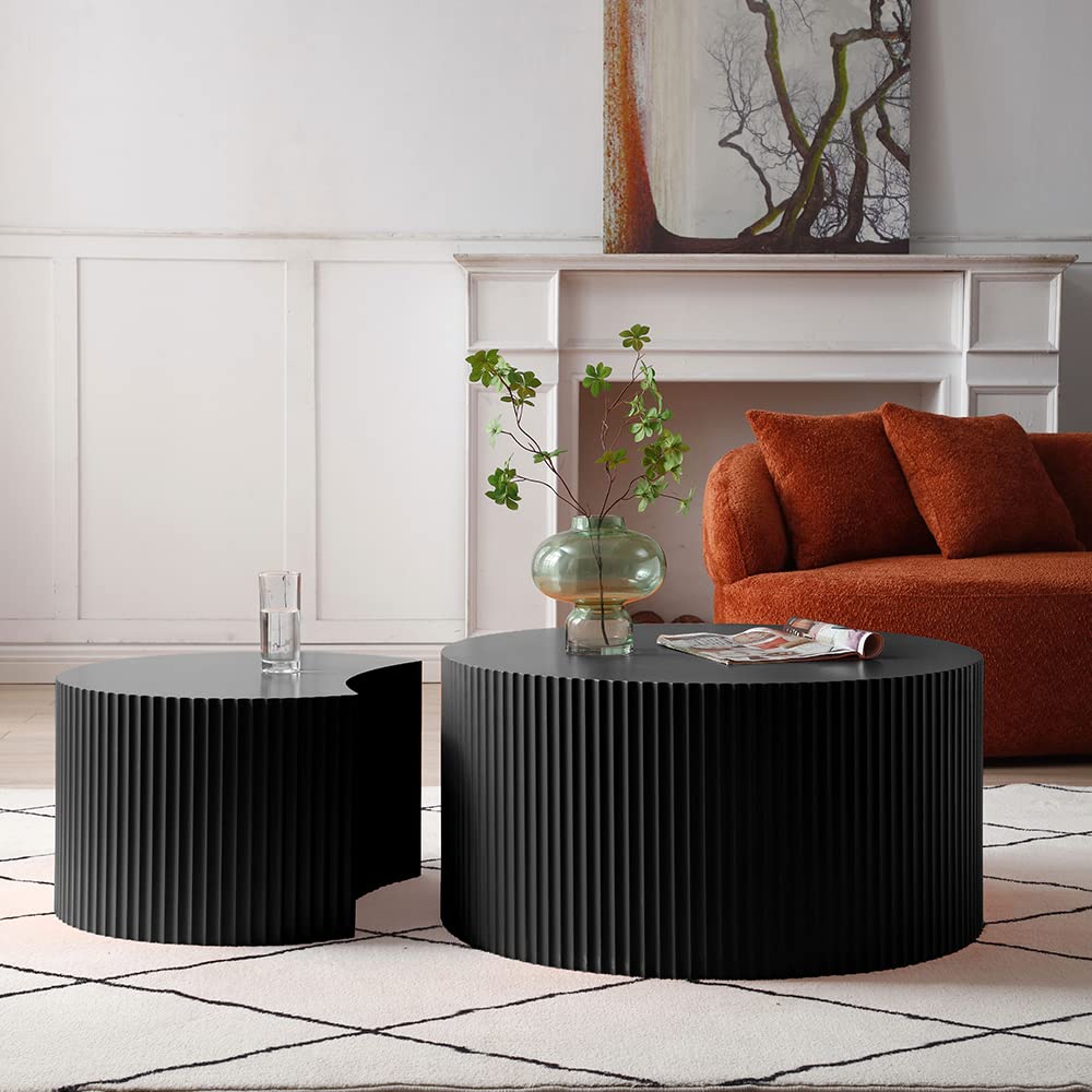 JURMALYN Black Round Coffee Table Set of 2, Modern Drum Coffee Tables with Moon Side Tables Set Wooden Nesting Coffee Table with Fluted for Living Room Apartment Mall (Matte-Black)