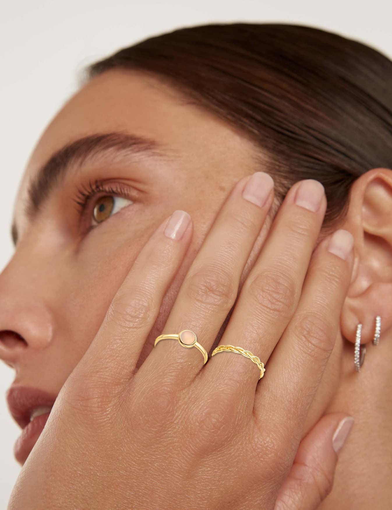 RLMOON 8PCS 14K Gold/Silver Plated Stackable Ring Set for Women Stacking Midi Finger Ring Agate Moonstone Rings SIze 7
