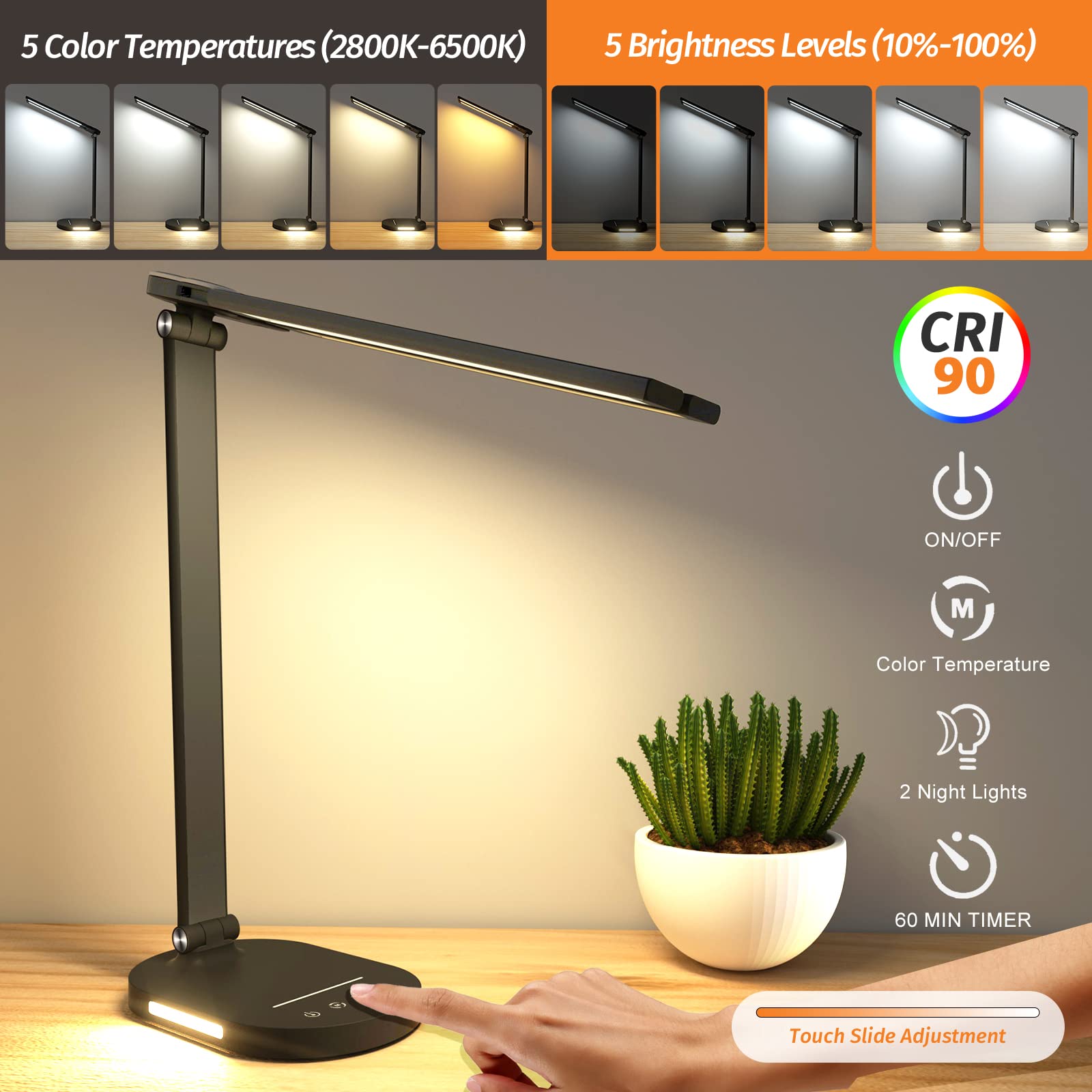 LED Desk Lamps for Home Office, Dual Swing Arm Desk Light, Dimmable Desk Lamp with USB Charging Port, Office Lamp with Night Light, 1H Timer, 5 Color Modes 5 Brightness Levels, Eye-Caring Table Lamp