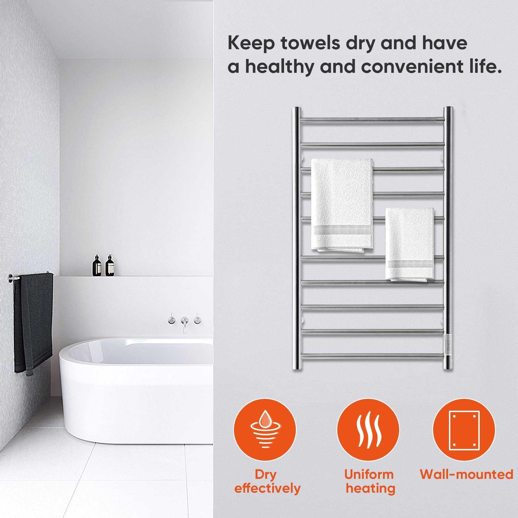 REECOO Towel Warmer Wall-Mounted Electric Towel Racks for Bathroom with Timer, Plug-in and Hardwired Options 24H Thermostatic Stainless Steel Drying Heated Towel Rack Suitable for Homes, Hotels