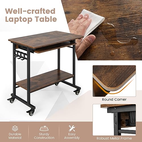 Tangkula Rolling Computer Desk Cart with Keyboard Tray, Mobile Portable Laptop PC Desk with CPU Stand & 3 Hooks for Sofa & Bed, Industrial Small Desk on Wheels for Small Spaces, Home Office Desk
