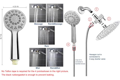 Shower Head with Hose, High-Pressure Stainless Steel 8'' Rain Showerhead and 5 Settings Handheld Shower Spray Combo with Push Button Flow Control for Easy Operation (NearMoon Shower Head Set), Chrome