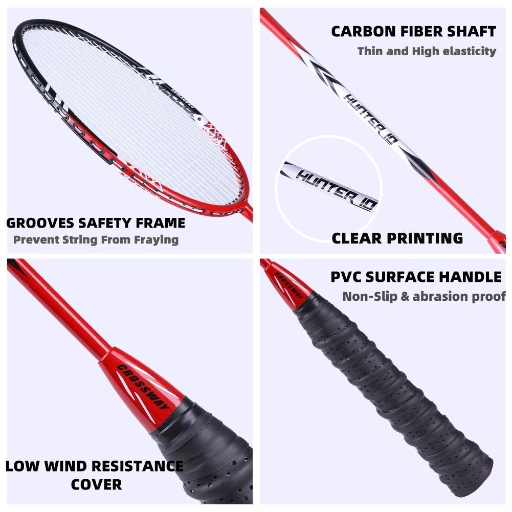 Light Weight Badminton Racket Set 2 Pcs Carbon Fiber Badminton Racquet Sets High Tension Badminton Bat with Carrying Bag, 3 Shuttlecocks, 2 Grip Rubber, Red