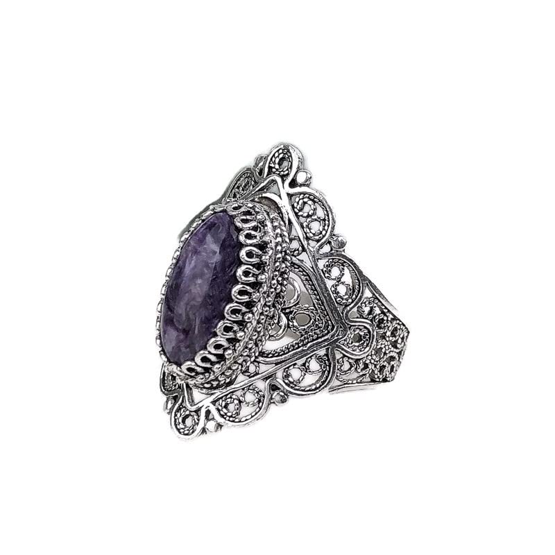 Natural Purple Charoite Silver Ring, 925 Sterling Silver Natural Genuine Purple Charoite Gemstone Artisan Crafted Filigree Statement Ring (9)