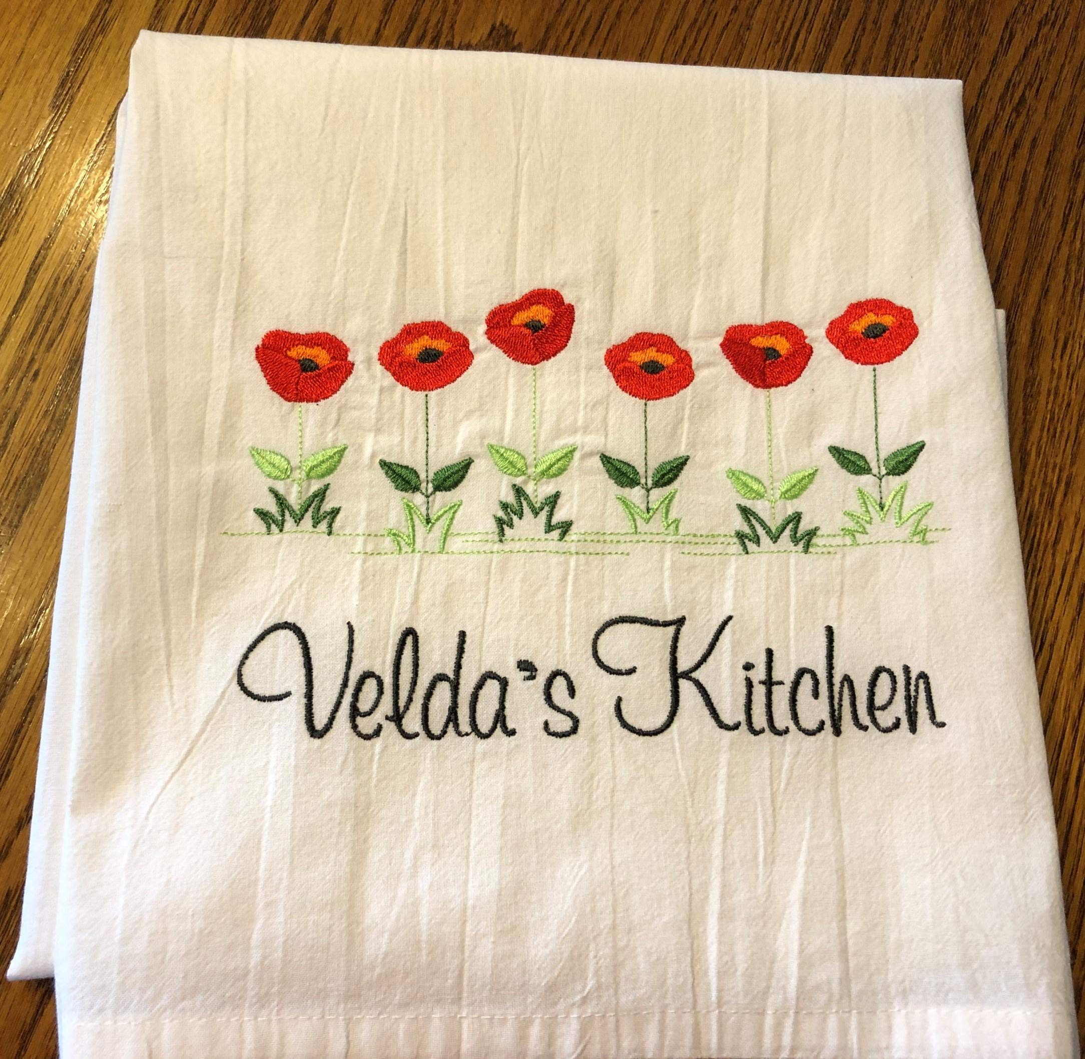 Personalized embroidered tea towel, poppy border, flour sack dish towel, bridal shower or weddinggift under 20