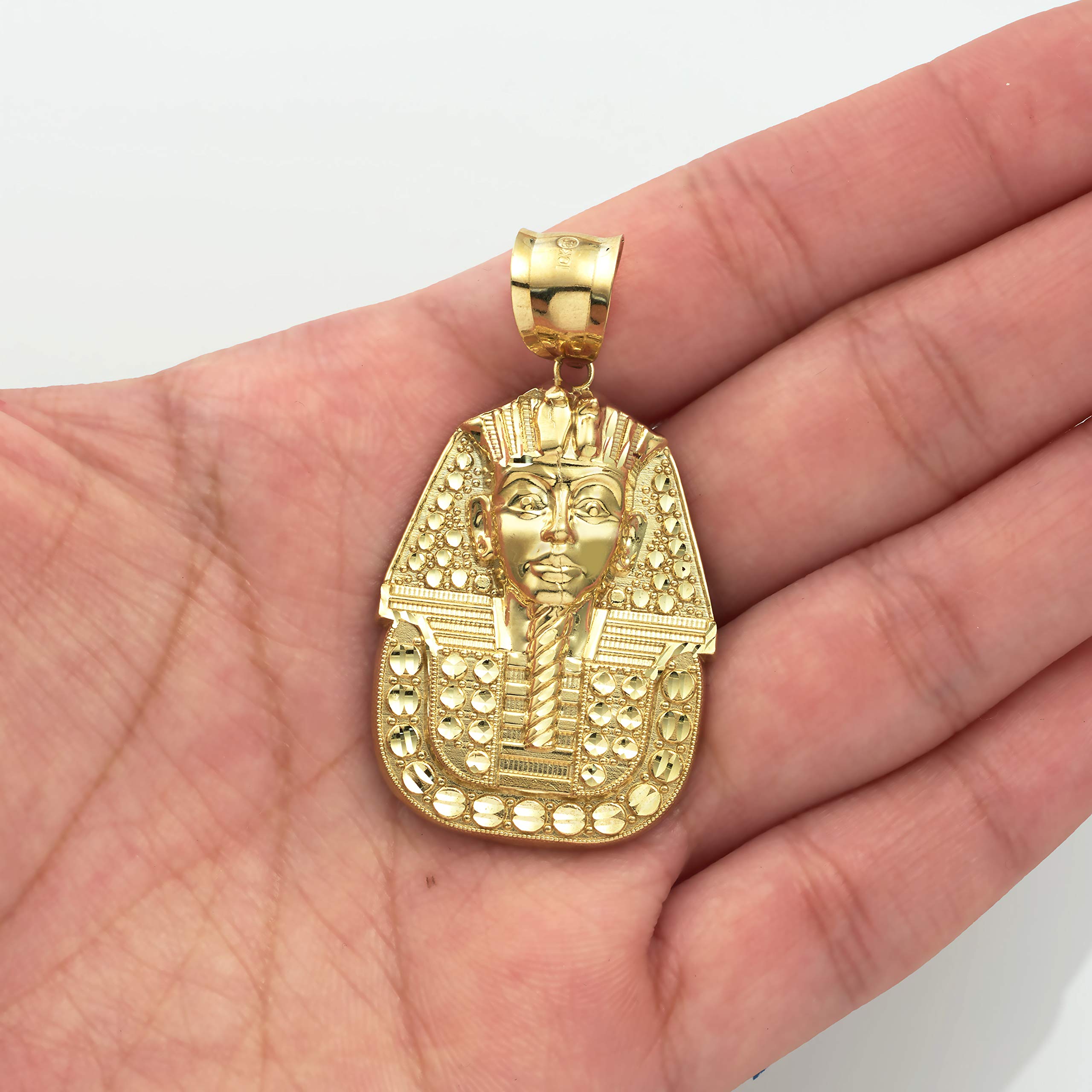 LoveBling 10K Yellow Gold Diamond Cut Pharaoh King Tut Egyptian Head Pendent Charm (2.01" x 1.09")