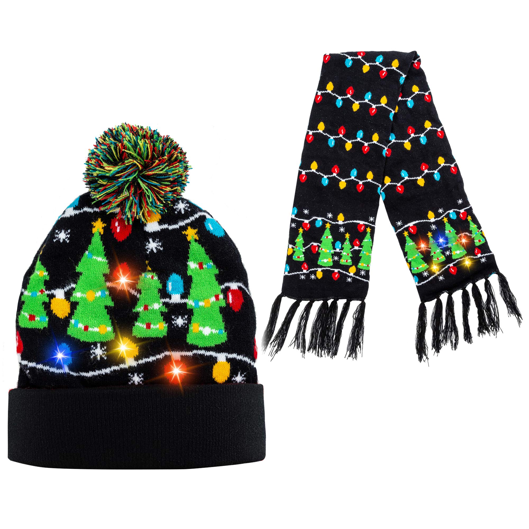 JOYIN 2 PCS Christmas Tree LED Lights Lit-up Beanie Cap and Scarf (6 Flashing Modes) Party Accessories Supplies