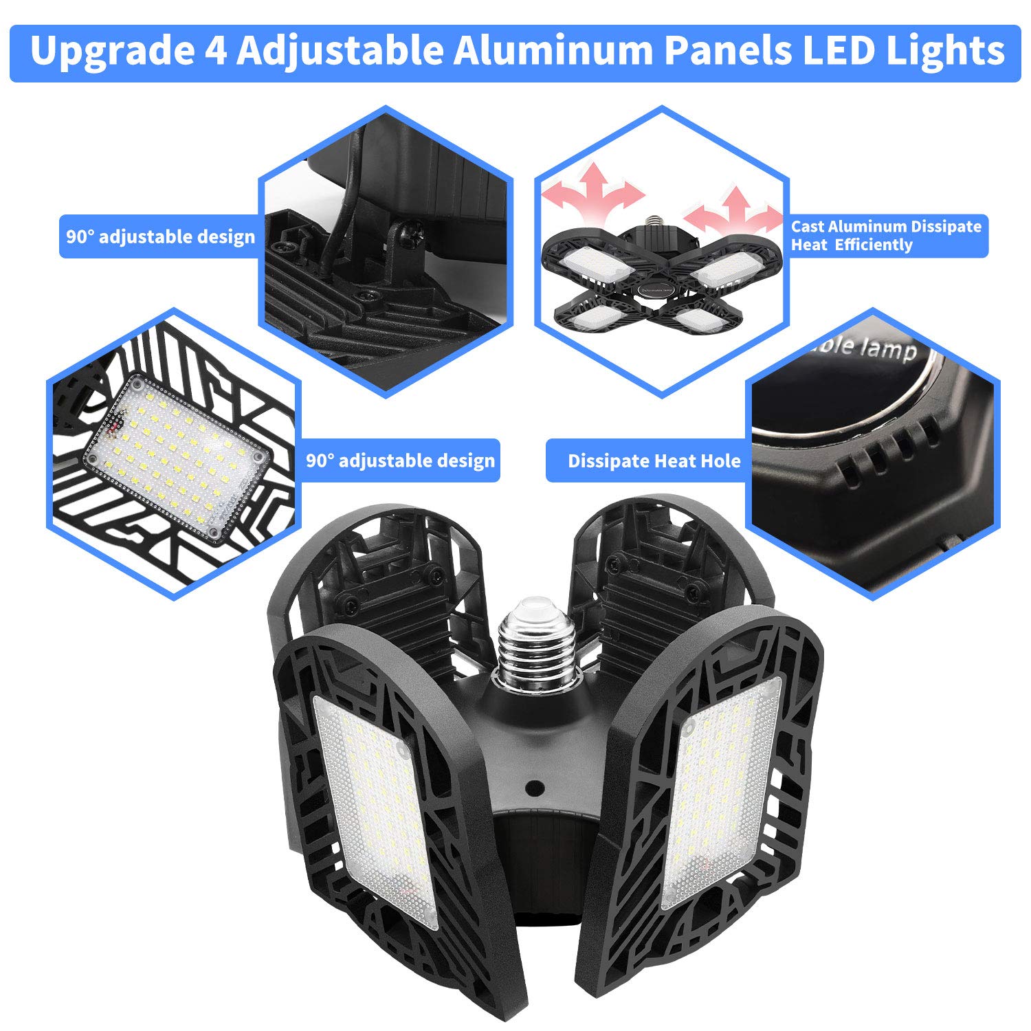LED Garage Light 120W, Upgrade 4 Panels 12000LM Deformable E26 Garage Ceiling Lighting, Adjustable Aluminum Wing 6000K LED Commercial Light, Shop Light, Barn Light, Bay Light, Warehouse Ceiling Light