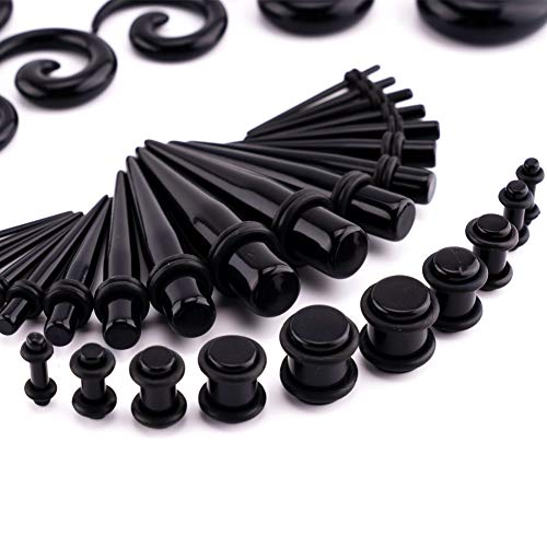 LLGLTEC Ear Stretching Kit 54 Pieces 14G-00G Ear Gauges Expander Set Acrylic Tapers and Plugs & Silicone Tunnels Body Piercing Jewelry Set (Black)