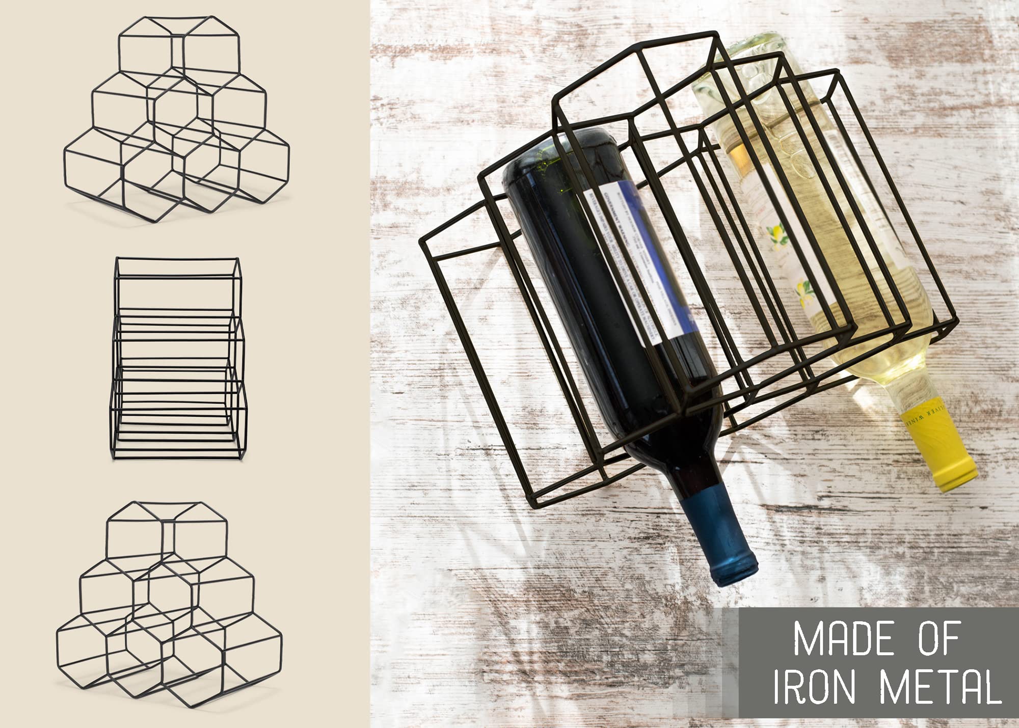 NAT & Jules Honeycomb Black Iron Metal Tabletop Wine Rack - Perfect for Kitchen Countertop, Pantry or Cabinets Display or Storage - Hold 6 Bottles, Black