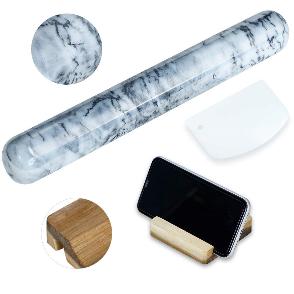 Marble Rolling Pin with Wood Cradle 12 Inch Black, Non-Stick Dough Roller Professional Essential Kitchen Utensil French Heavy Duty for Baking, Pizza, Fondant, Pie Crust, Cookie, Pastry
