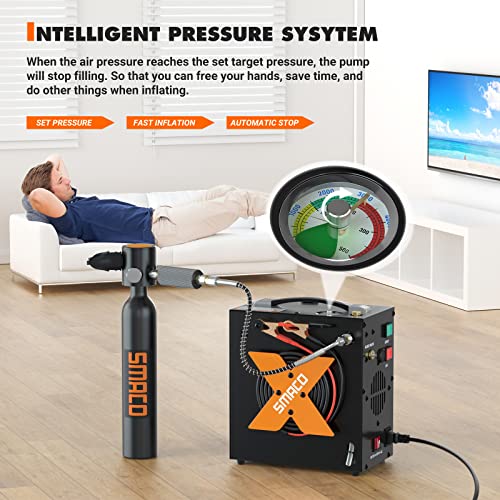 SMACO PCP Air Compressor 4500Psi/30Mpa High Pressure Air Compressor Paintball Scuba Tank Compressor HPA Pump Fill Station Auto-Stop,Oil-Free Powered by 12V DC or 110V AC with Water/Oil Separator