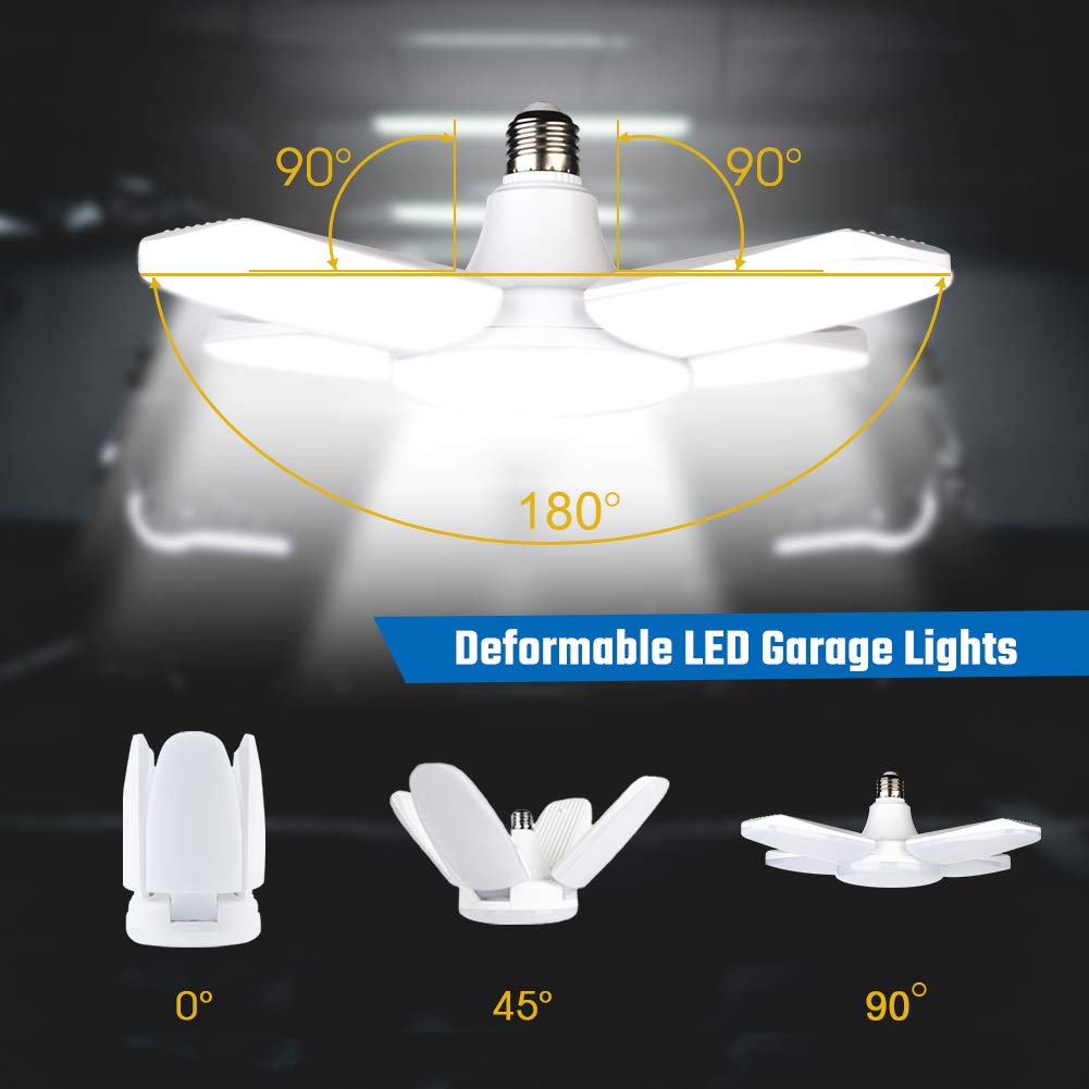 LED Garage Light 60W 6000LM Deformable LED Garage Ceiling Lights E26 6500K Daylight Lamps with 4 Adjustable Panels,Deformable LED Shop Lights for Garage,Warehouse,Workshop,Basement,Barn Lighting