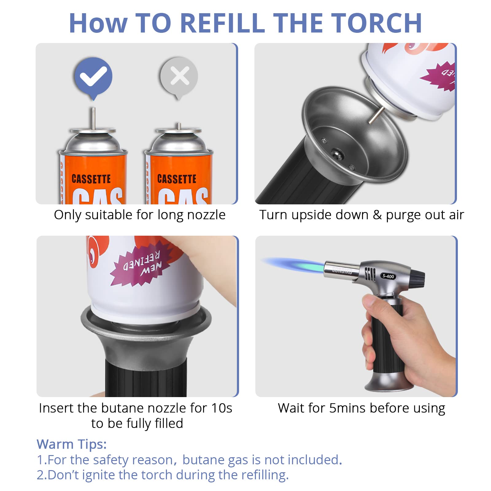 Sondiko Culinary Butane Torch, Black and Gray SP400, Fit All Small Butane Tanks with Safety Lock and Adjustable Flame for Desserts, Creme Brulee(Butane Gas Not Included)