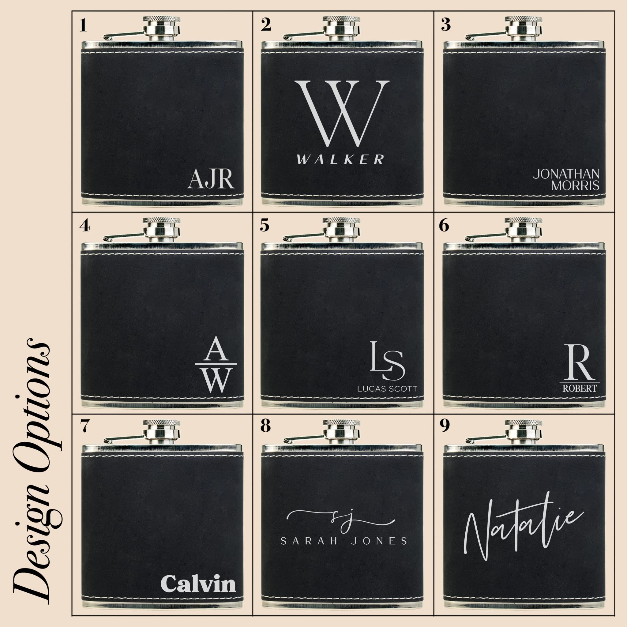 Personalized Flask For Wedding Gift. Customized Flask Gift Set. Engraved Leatherette Flask With Optional Gift Box For Groomsmen Gifts. Engraved Flask (Black & Silver)
